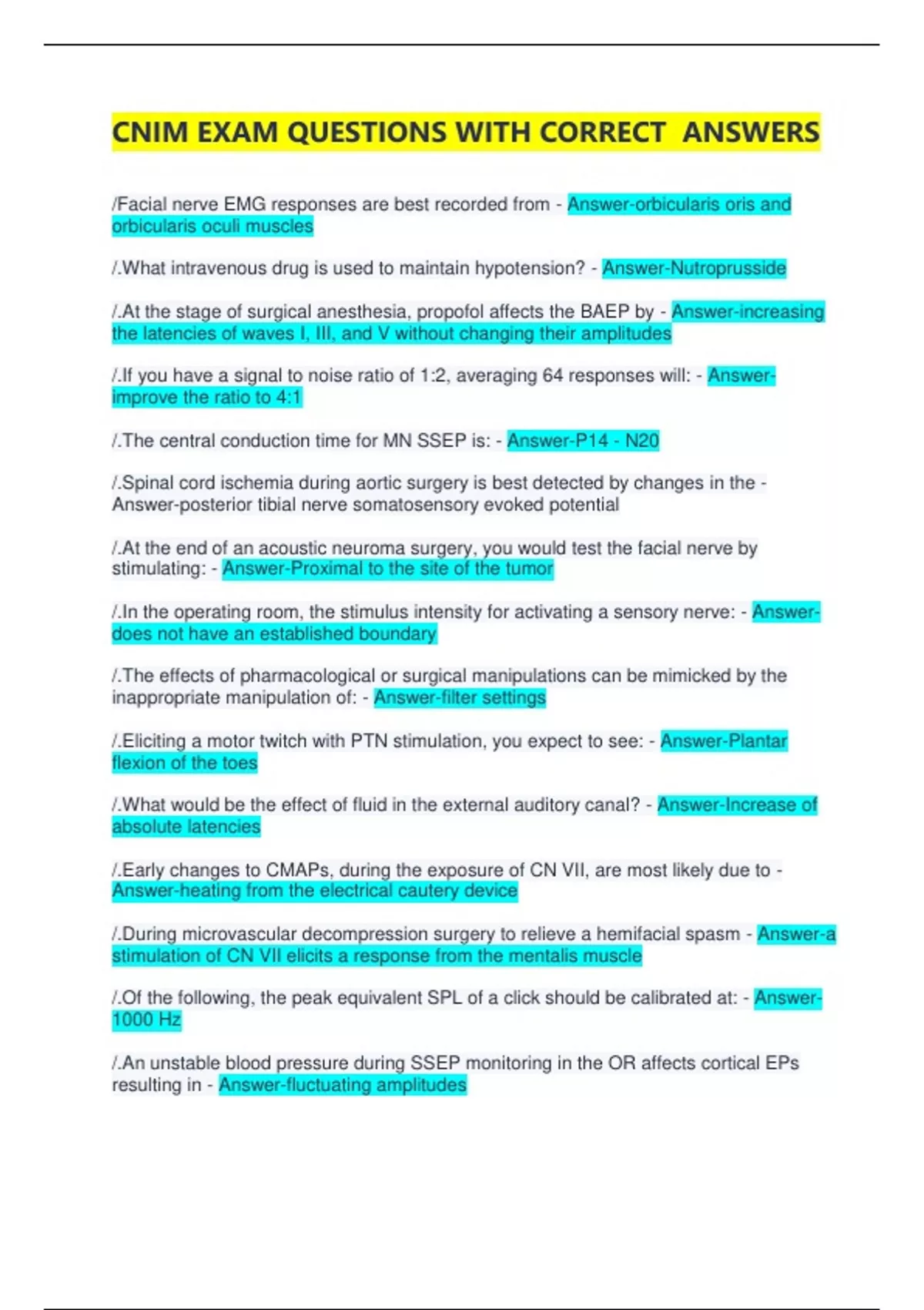 CNIM EXAM QUESTIONS WITH CORRECT ANSWERS - CNIM - Stuvia US