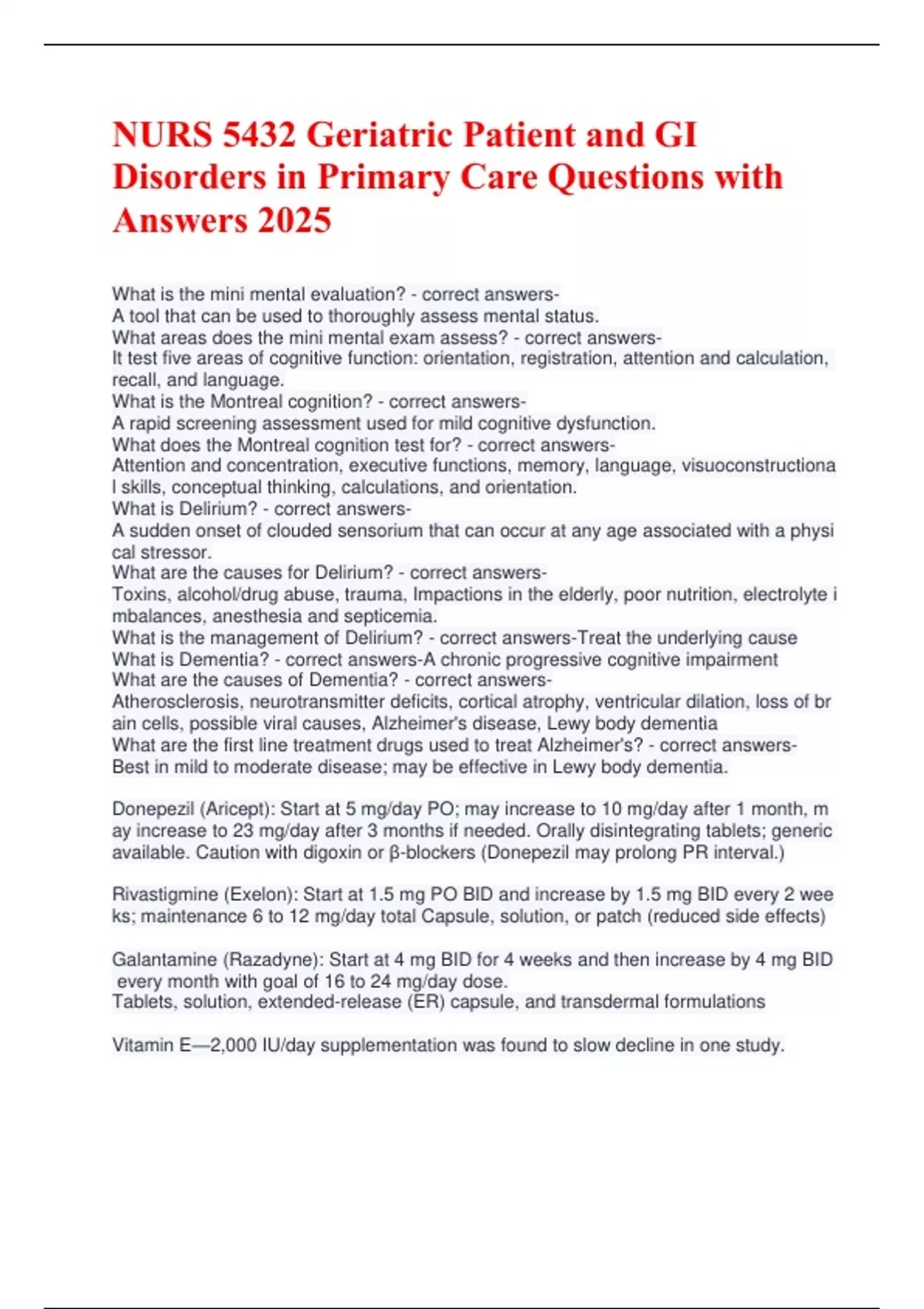 NURS 5432 Geriatric Patient and GI Disorders in Primary Care Questions ...