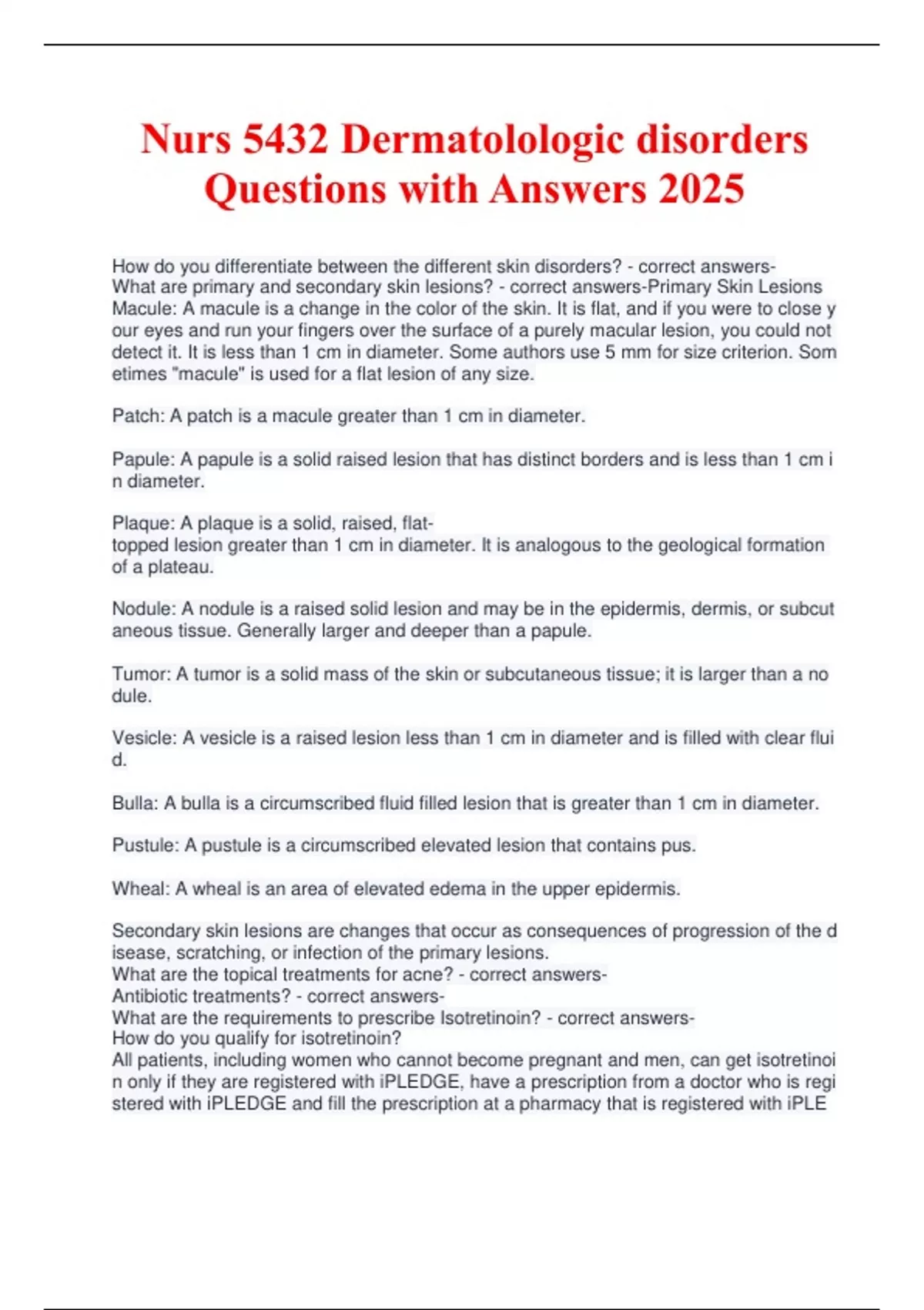Nurs 5432 Dermatolologic disorders Questions with Answers 2025 - NURS 5432 - Stuvia US