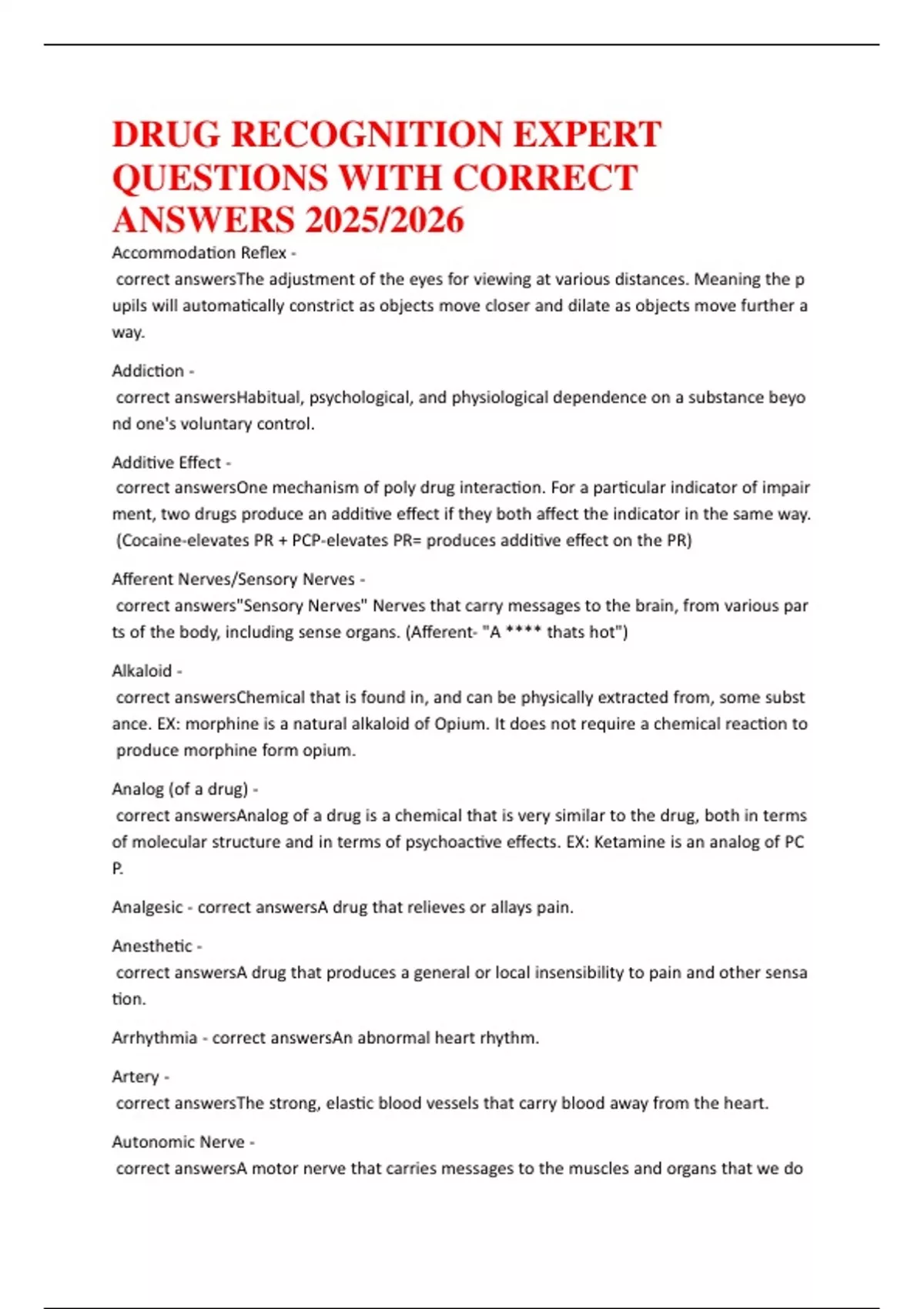 DRUG RECOGNITION EXPERT QUESTIONS WITH CORRECT ANSWERS 2025 - DRE 2024 ...