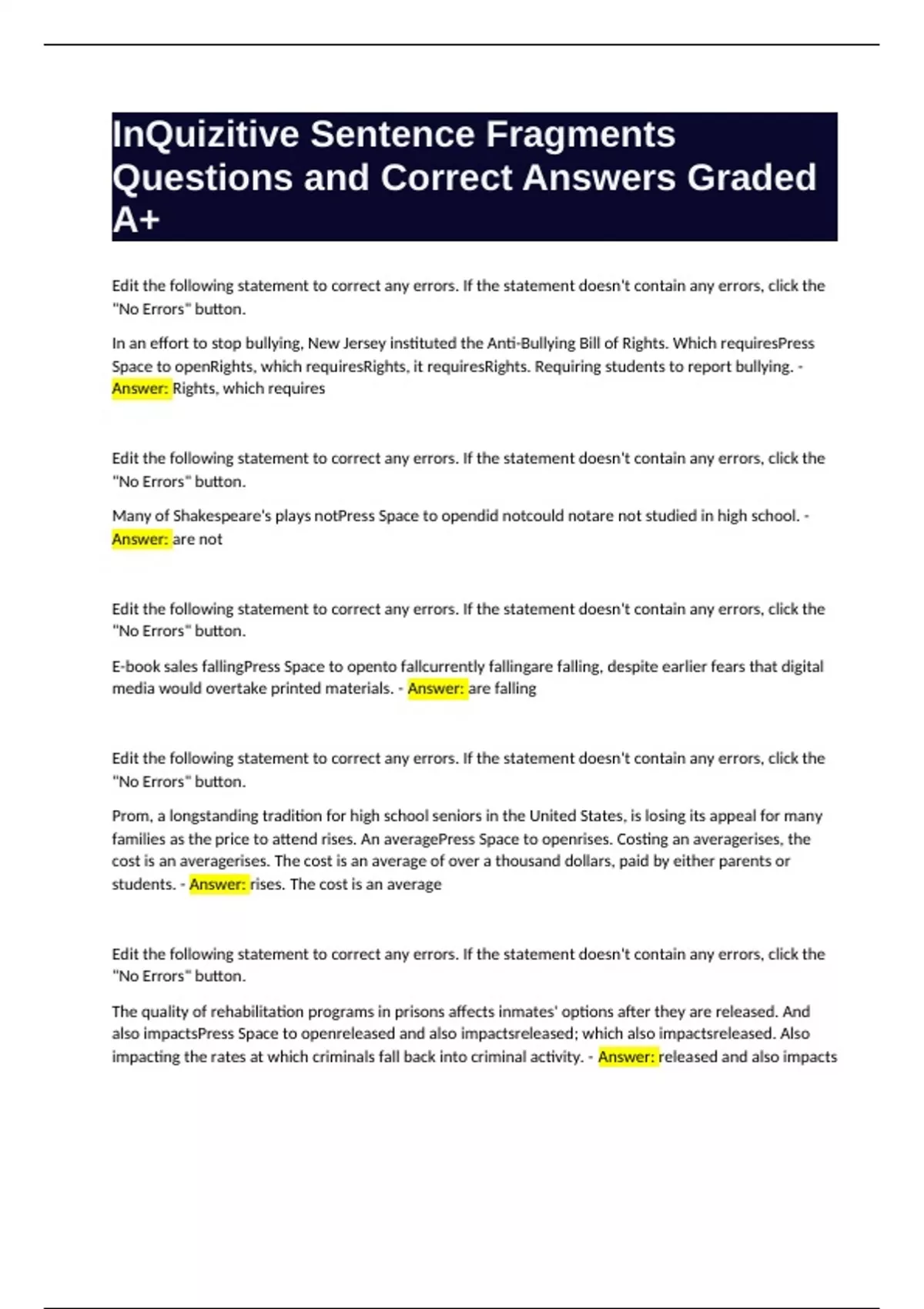 InQuizitive Sentence Fragments Questions and Correct Answers Graded A+ ...