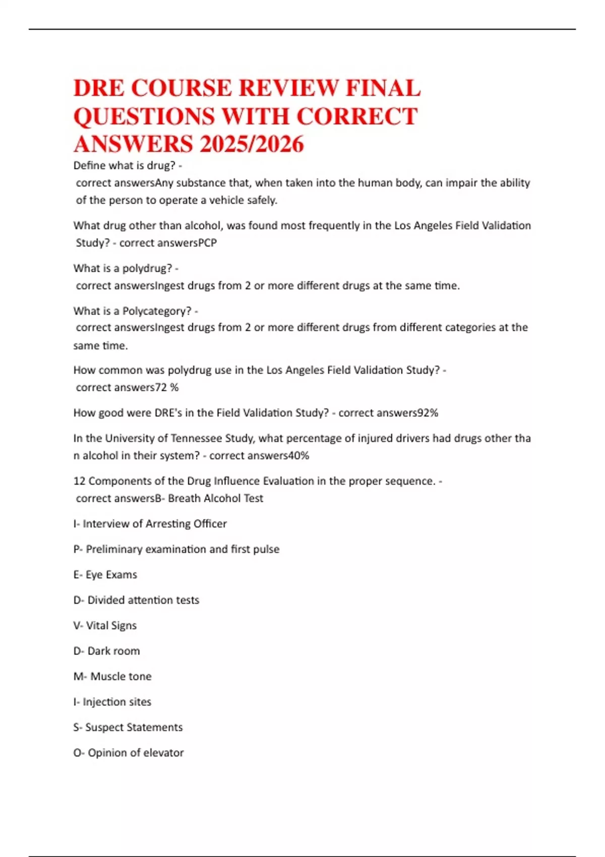 DRE COURSE REVIEW FINAL QUESTIONS WITH CORRECT ANSWERS 2025 - DRE 2024 DRUGS - Stuvia US