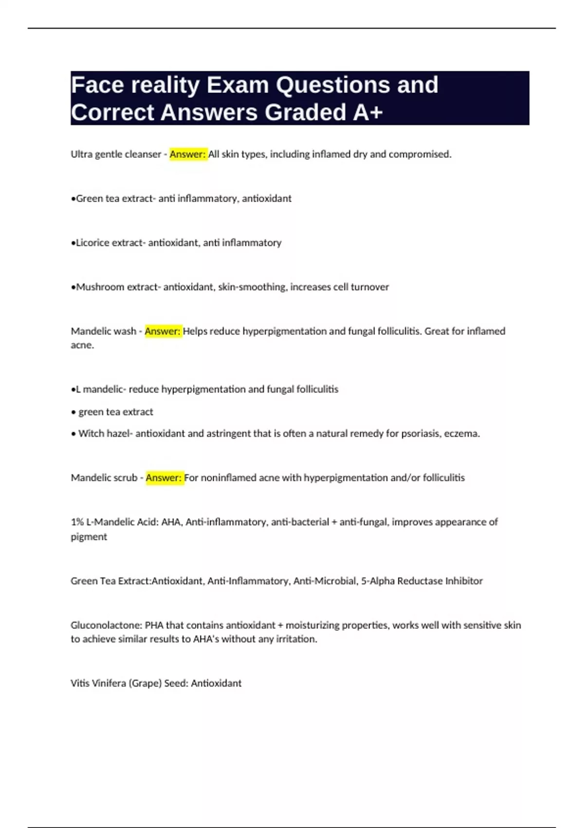 Face reality Exam Questions with Correct Answers Graded A+ - Face ...