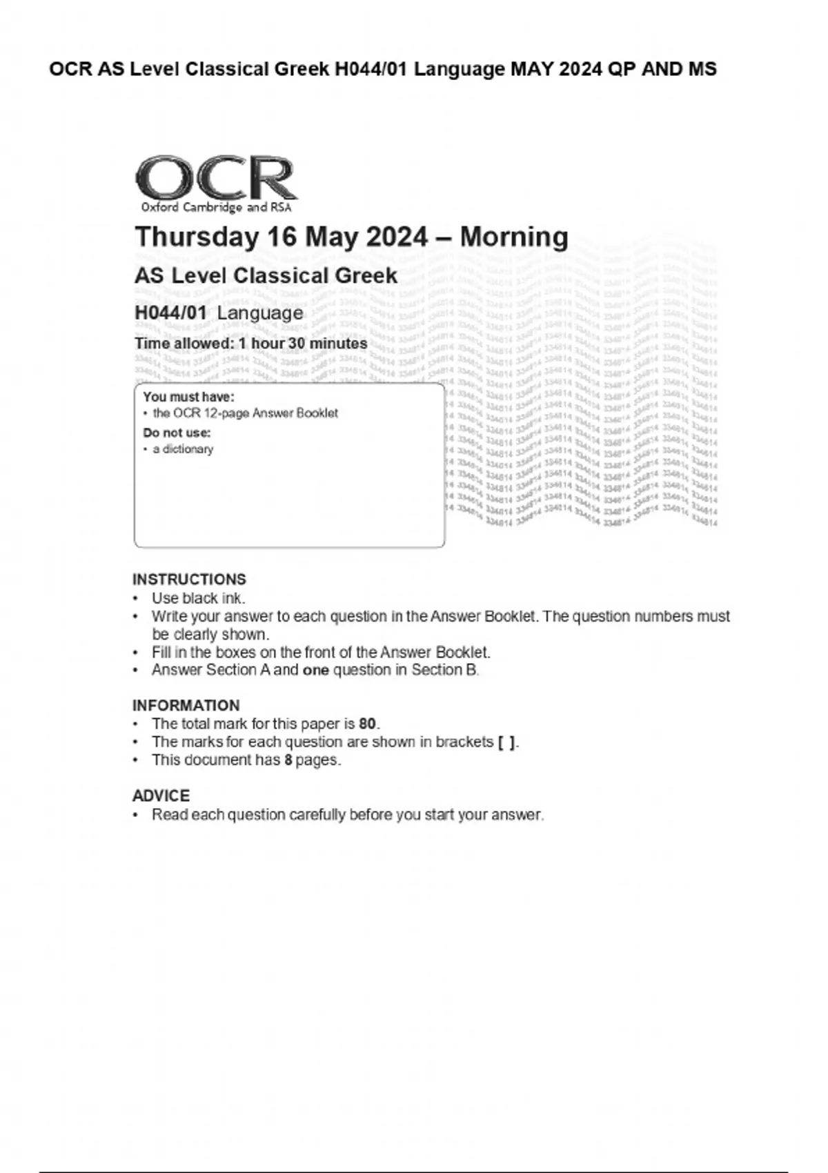 OCR AS Level Classical Greek H044/01 Language MAY 2024 QP AND MS - OCR ...