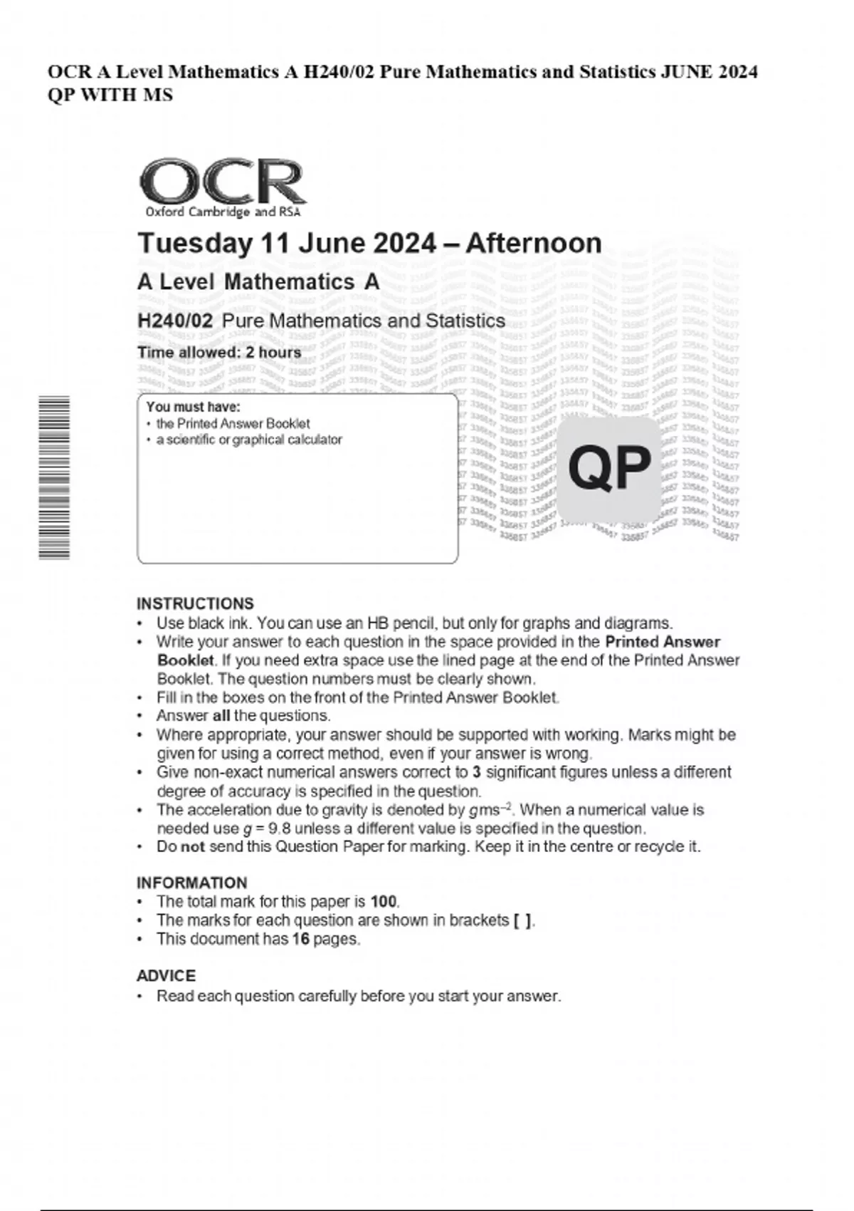 OCR A Level Mathematics A H240/02 Pure Mathematics and Statistics JUNE ...