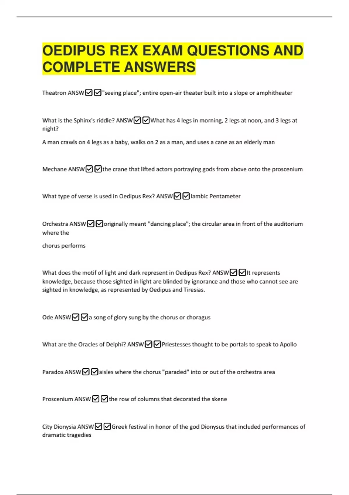 OEDIPUS REX EXAM QUESTIONS AND COMPLETE ANSWERS - OEDIPUS REX - Stuvia US