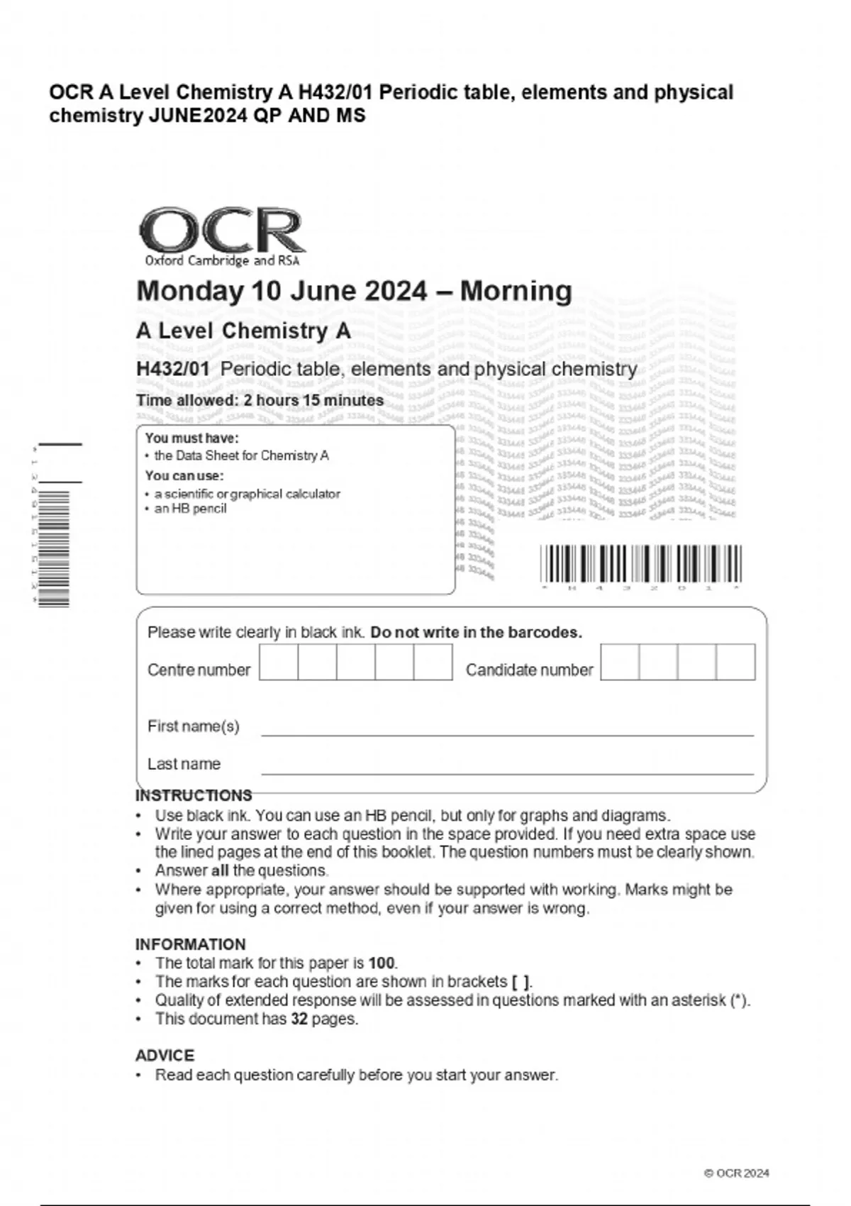 OCR A Level Chemistry A H432/01 Periodic table, elements and physical ...