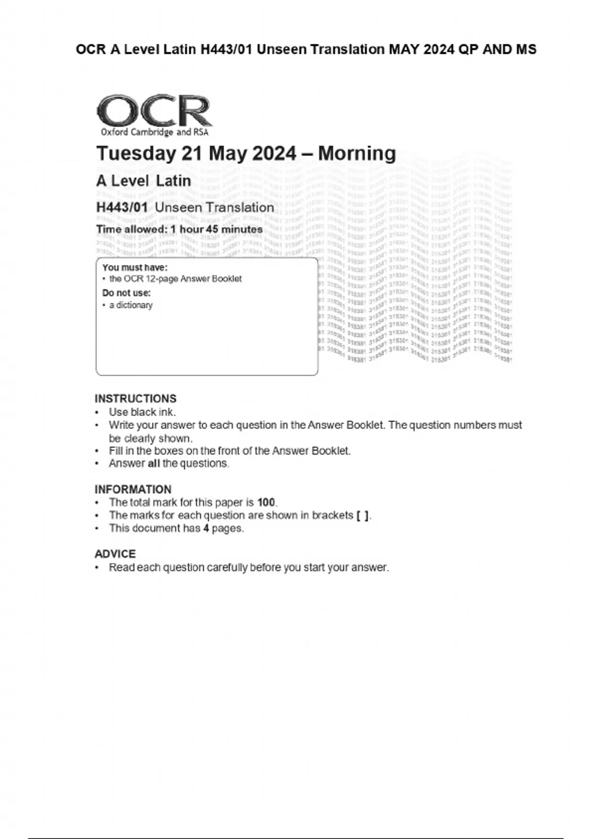 OCR A Level Latin H443/01 Unseen Translation MAY 2024 QP AND MS - OCR ...