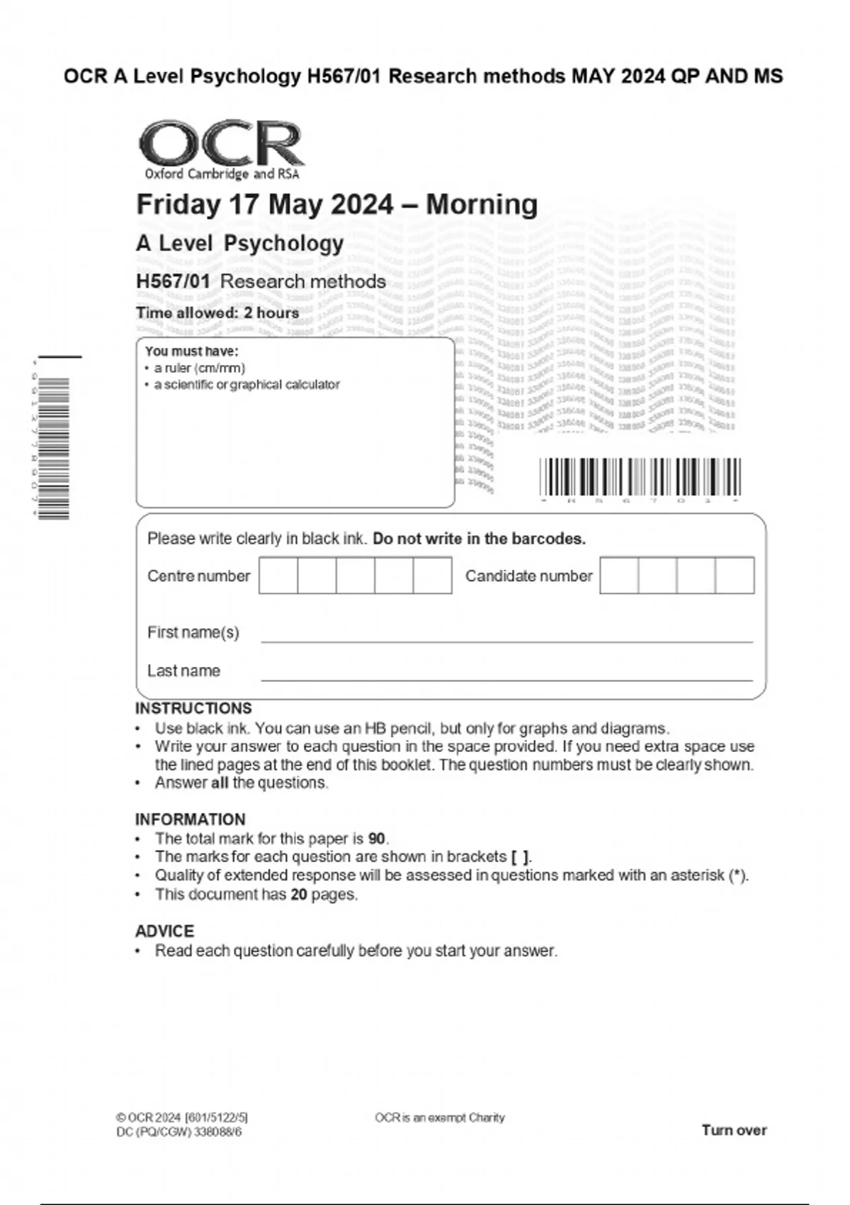 OCR A Level Psychology H567/01 Research methods MAY 2024 QP AND MS ...