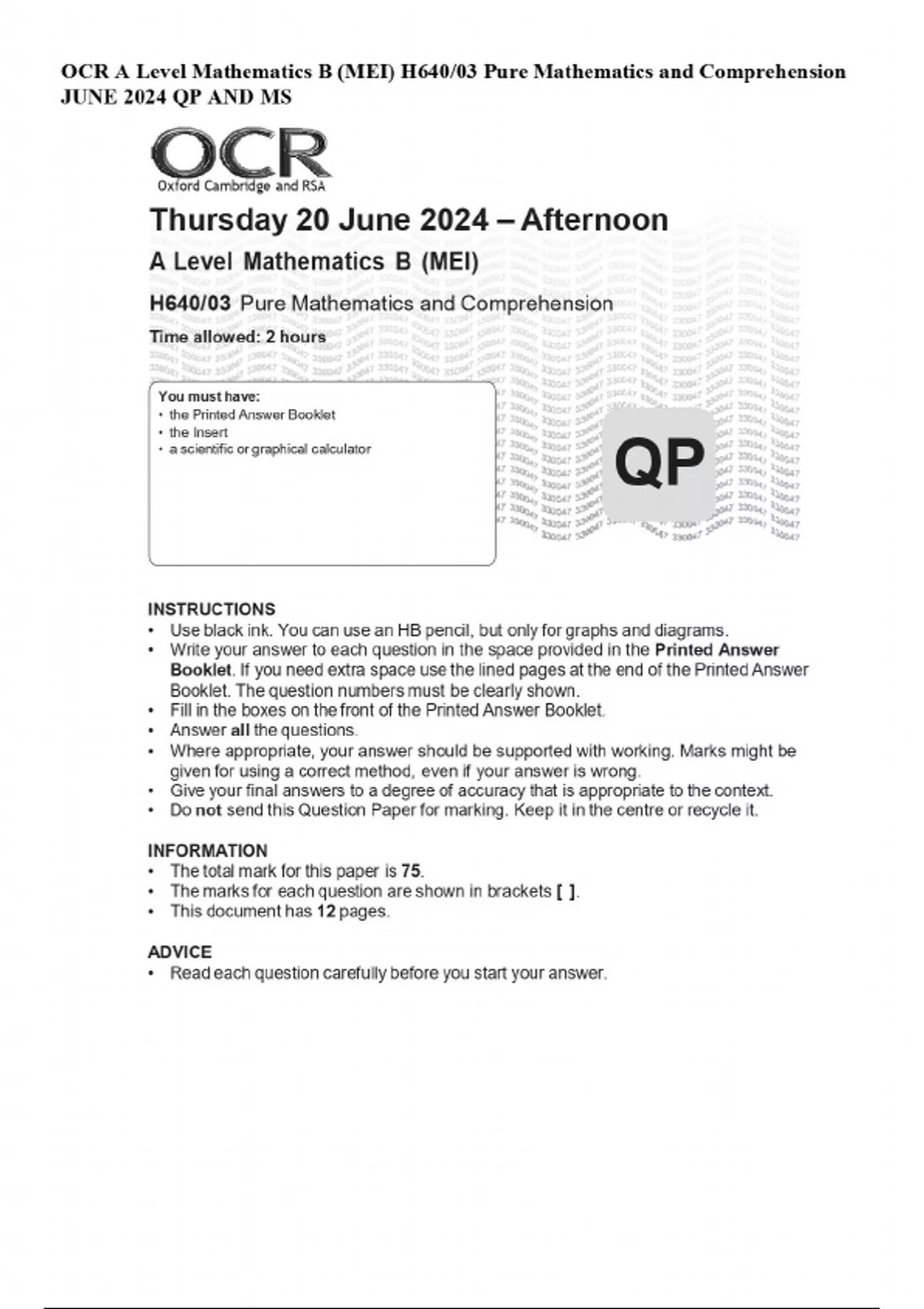 OCR A Level Mathematics B (MEI) H640/03 Pure Mathematics and ...