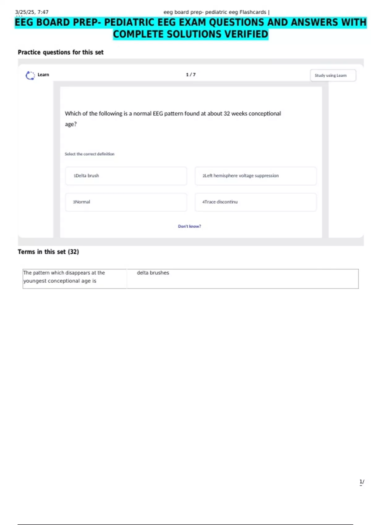EEG BOARD PREP- PEDIATRIC EEG EXAM QUESTIONS AND ANSWERS WITH COMPLETE ...