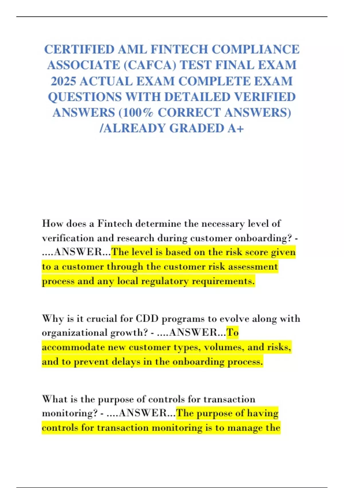 CERTIFIED AML FINTECH COMPLIANCE ASSOCIATE (CAFCA) TEST FINAL EXAM 2025 ...
