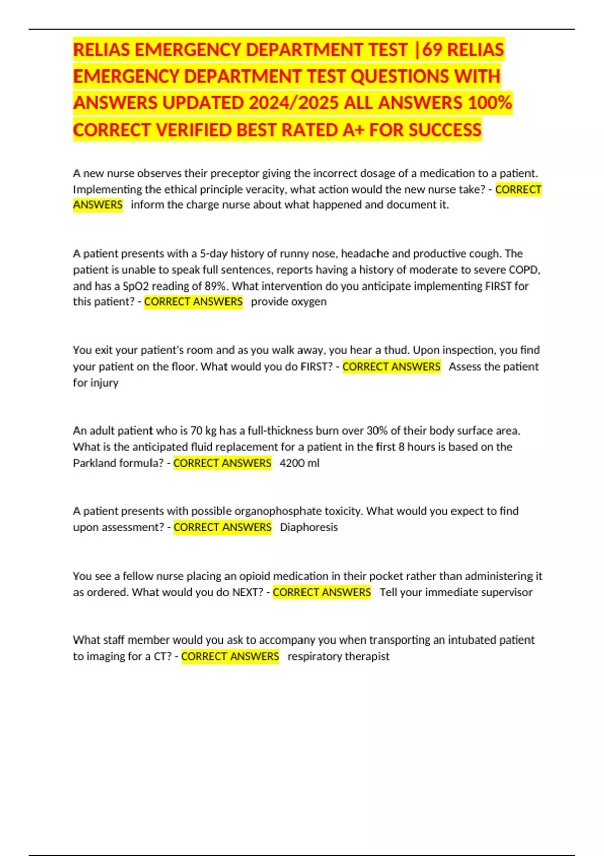 RELIAS EMERGENCY DEPARTMENT TEST |69 RELIAS EMERGENCY DEPARTMENT TEST ...