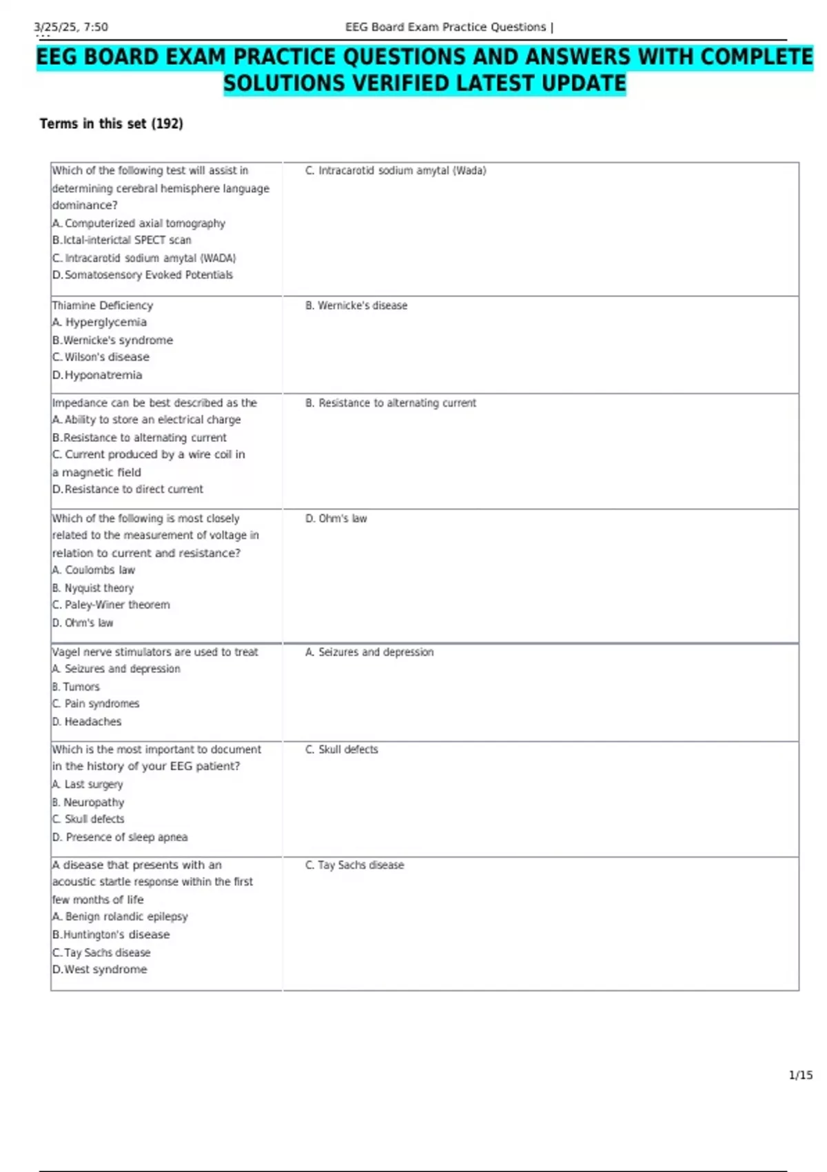 EEG BOARD EXAM PRACTICE QUESTIONS AND ANSWERS WITH COMPLETE SOLUTIONS ...