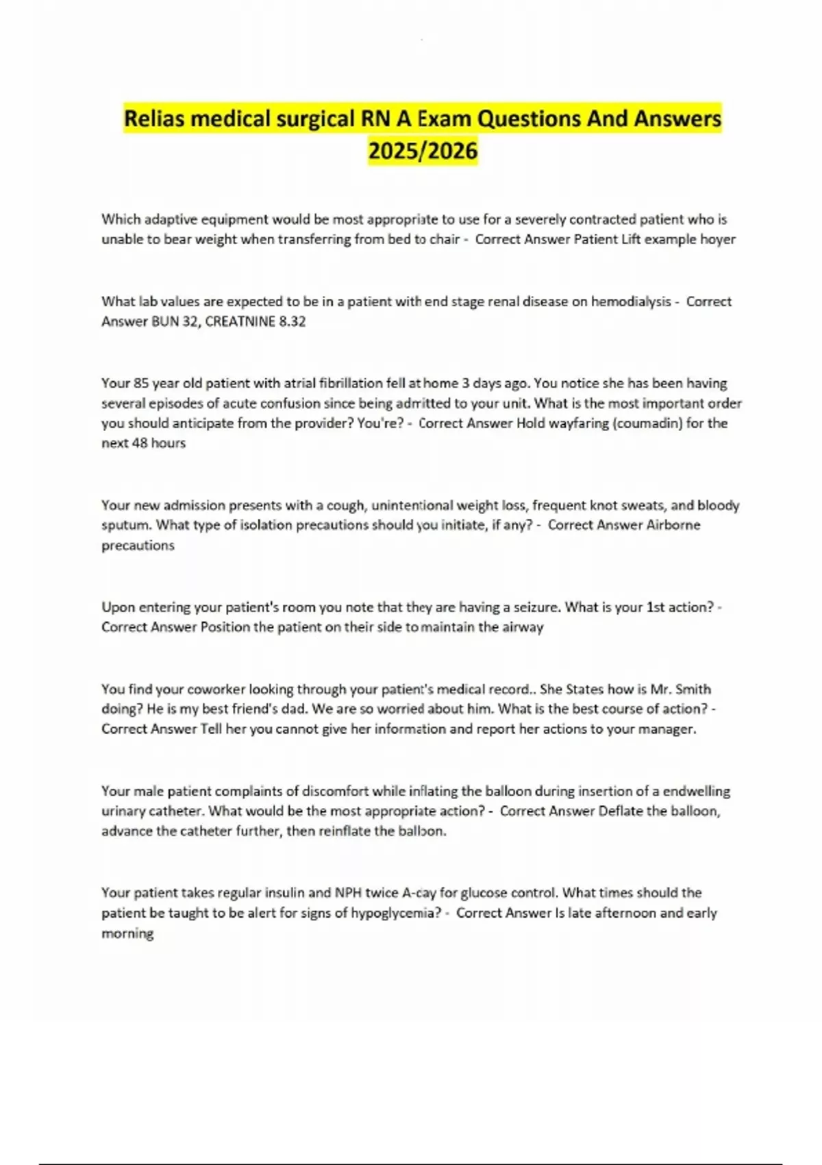 Relias medical surgical RN A Exam Questions And Answers 2025/2026 ...