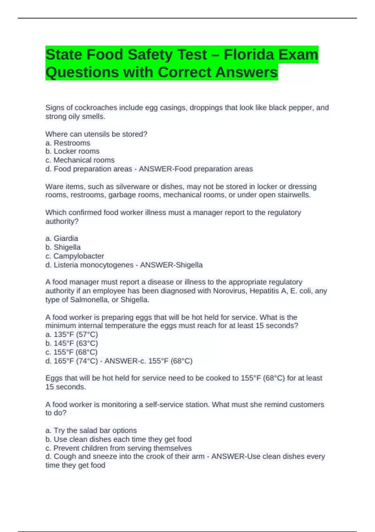 State Food Safety Test – Florida Exam Questions with Correct Answers ...