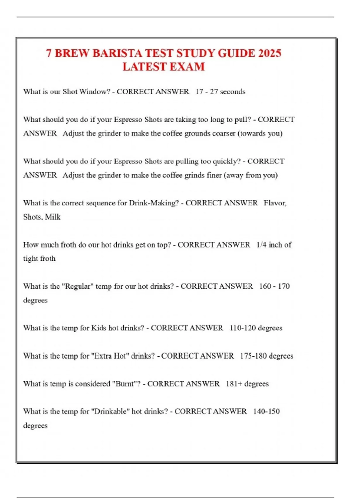 7 BREW BARISTA TEST STUDY GUIDE 2025 LATEST EXAM - @@@@ - Stuvia US
