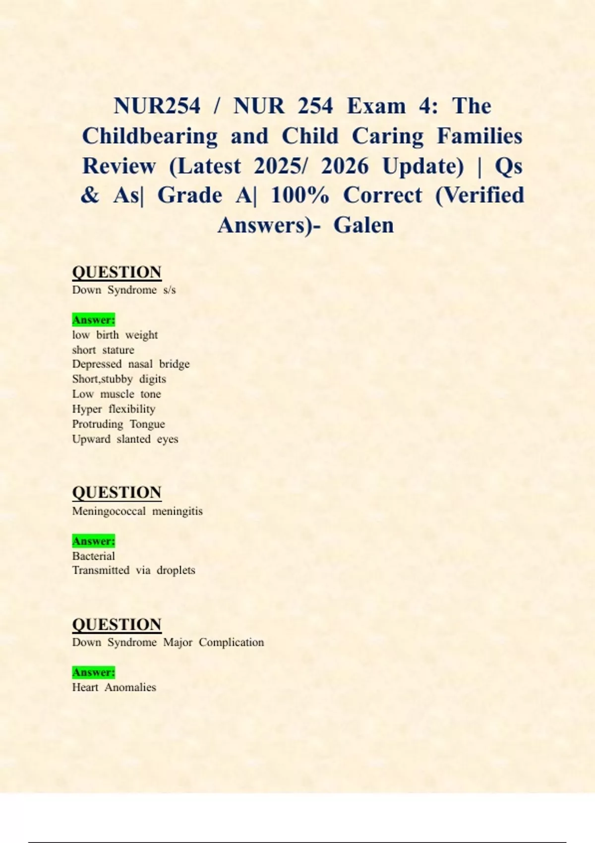 NUR254 / NUR 254 Exam 4: The Childbearing and Child Caring Families ...