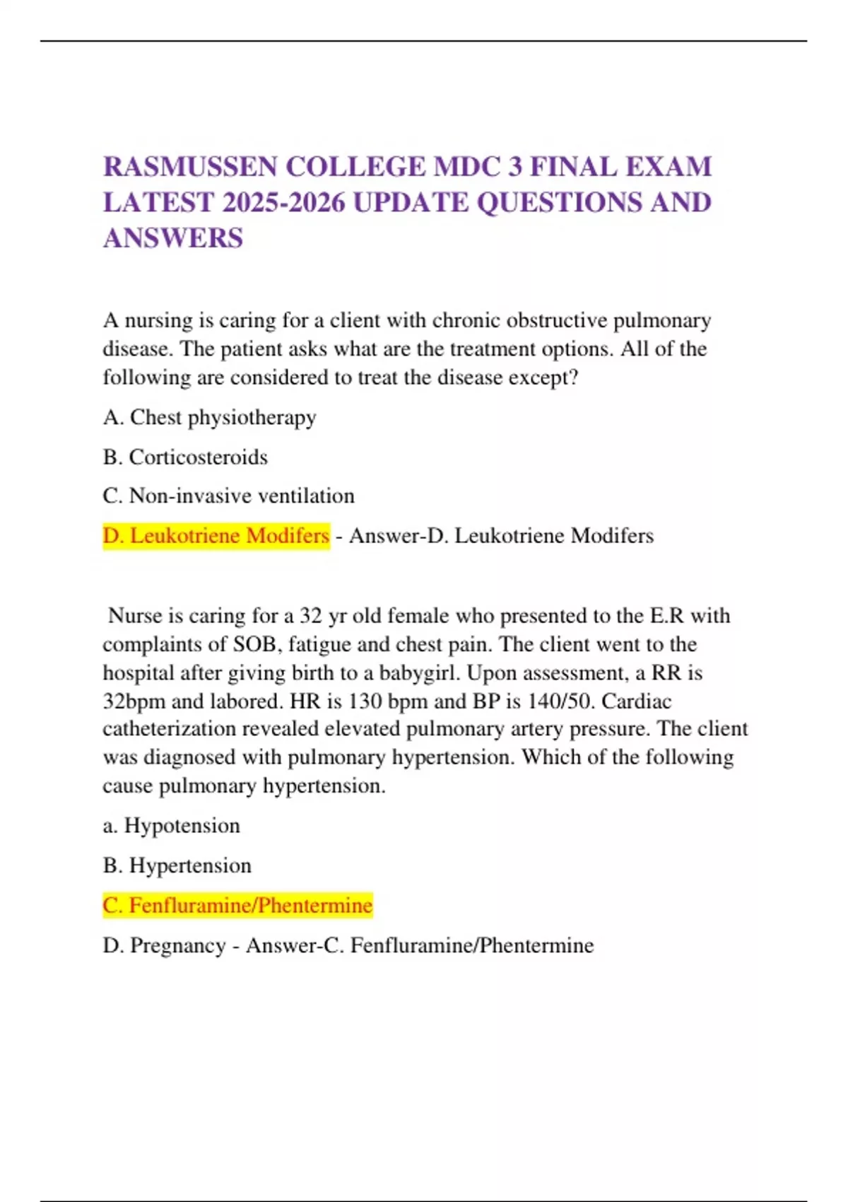 RASMUSSEN COLLEGE MDC 3 FINAL EXAM LATEST UPDATE QUESTIONS AND ANSWERS ...
