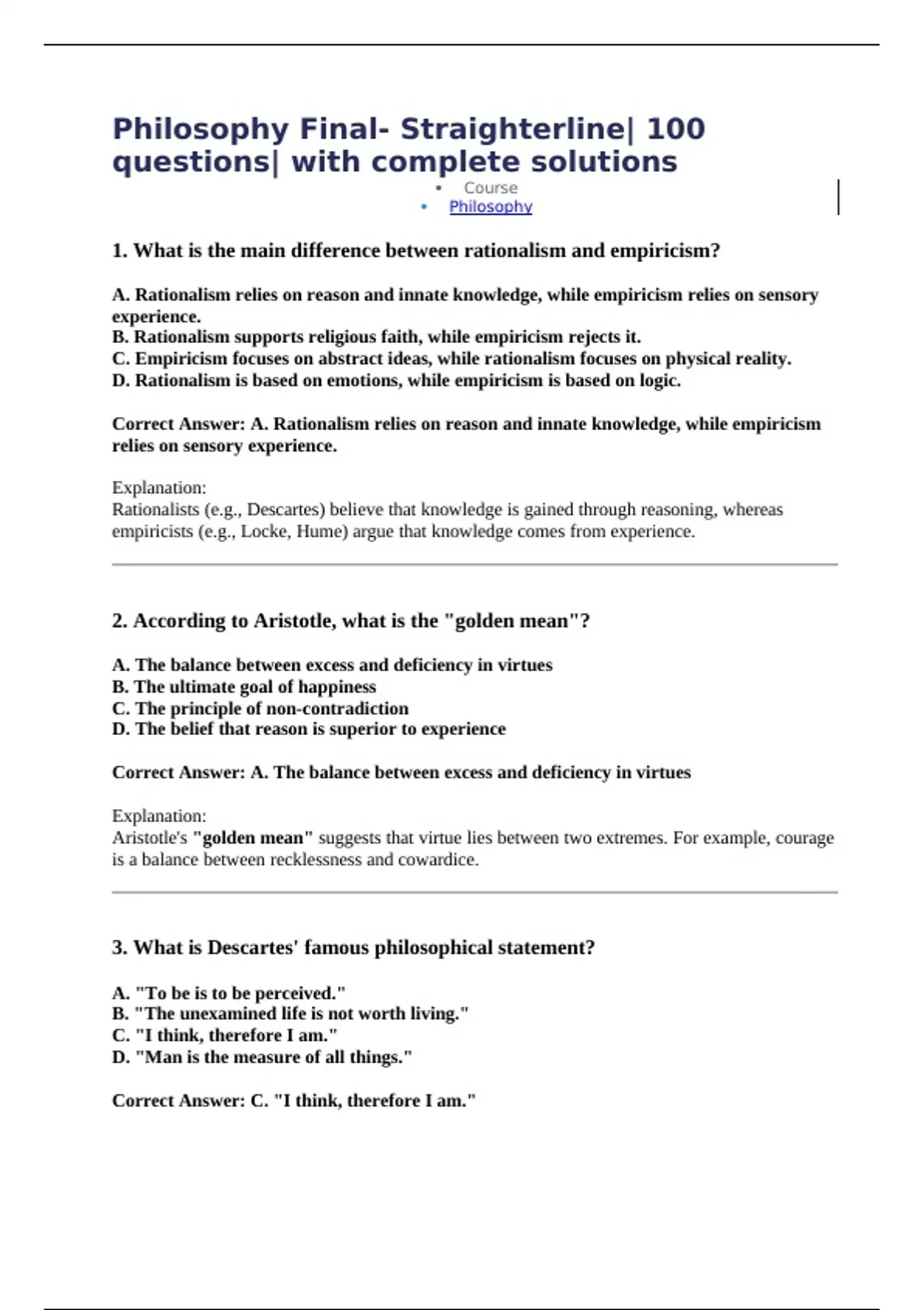 Philosophy Final- Straighterline| 100 questions| with complete ...