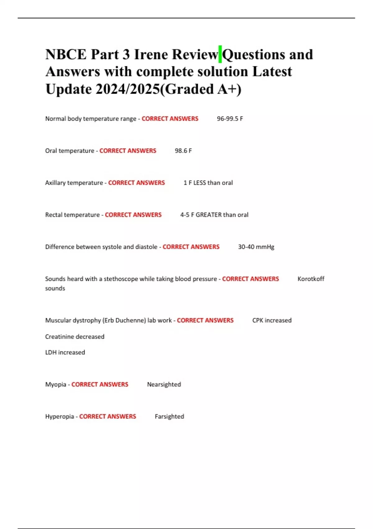 Summary NBCE Part 3 Irene Review Questions and Answers with complete ...