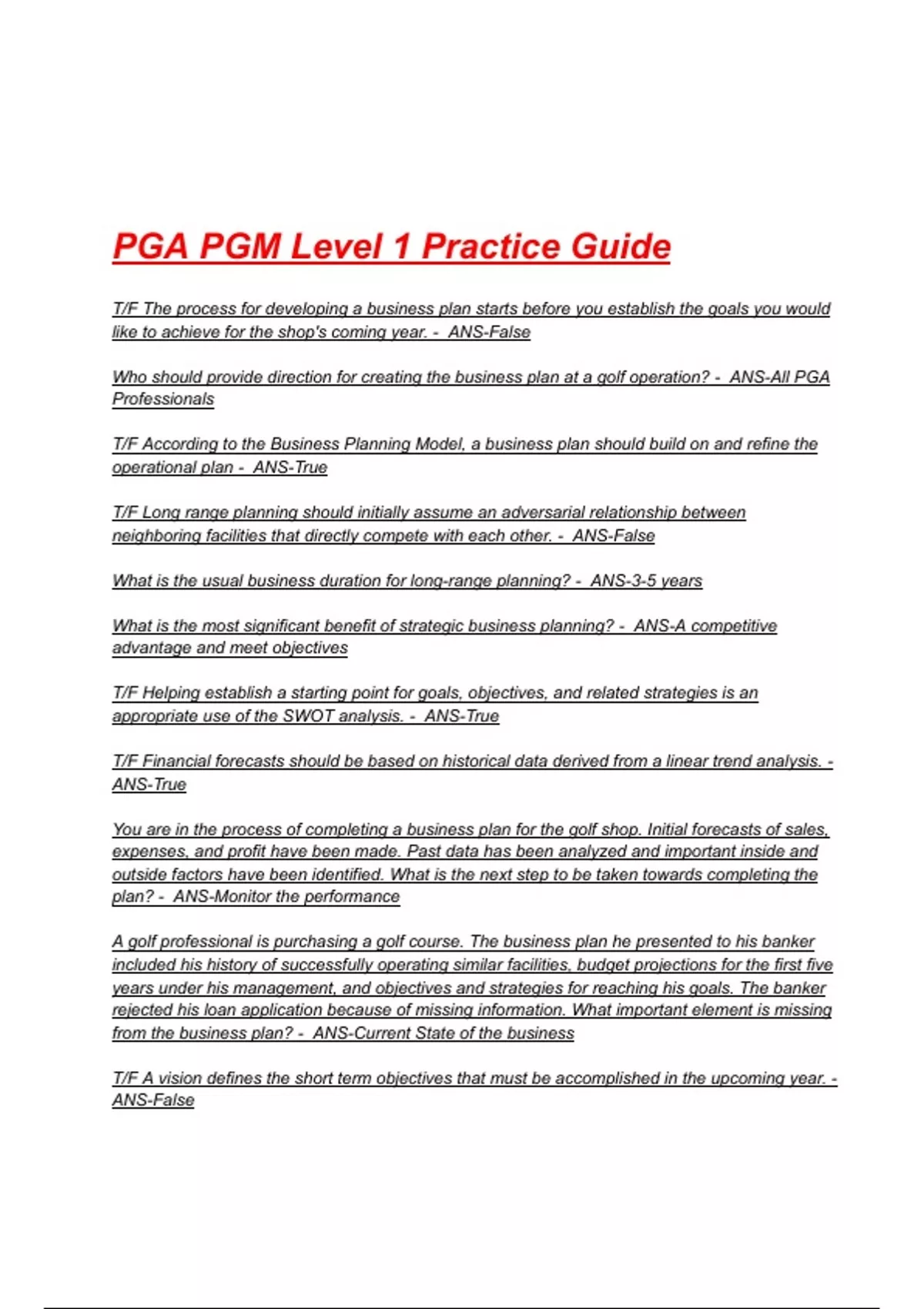 PGA PGM Level 1 Practice Guide Questions with correct Answers 2025/2026( A+ GRADED 100% VERIFIED ...