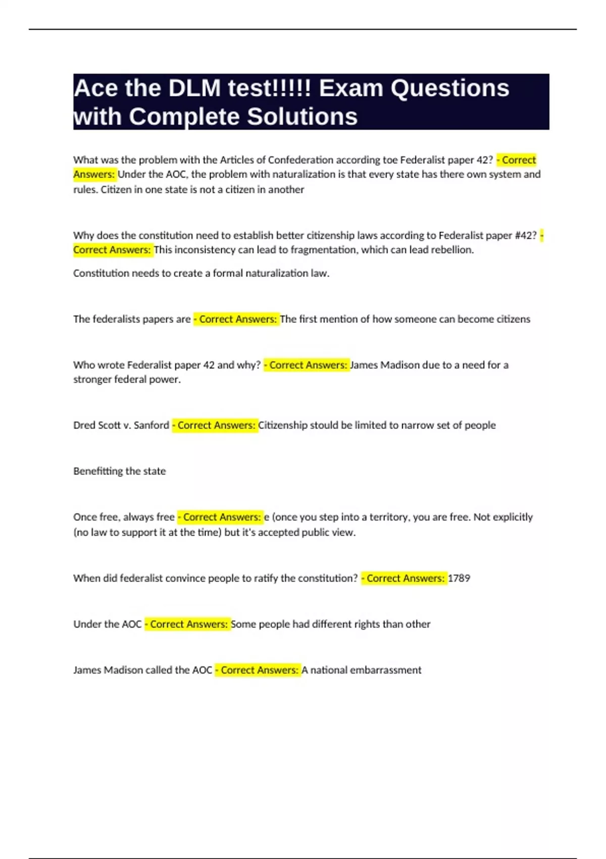 Ace the DLM test!!!!! Exam Questions with Complete Solutions - DLM ...