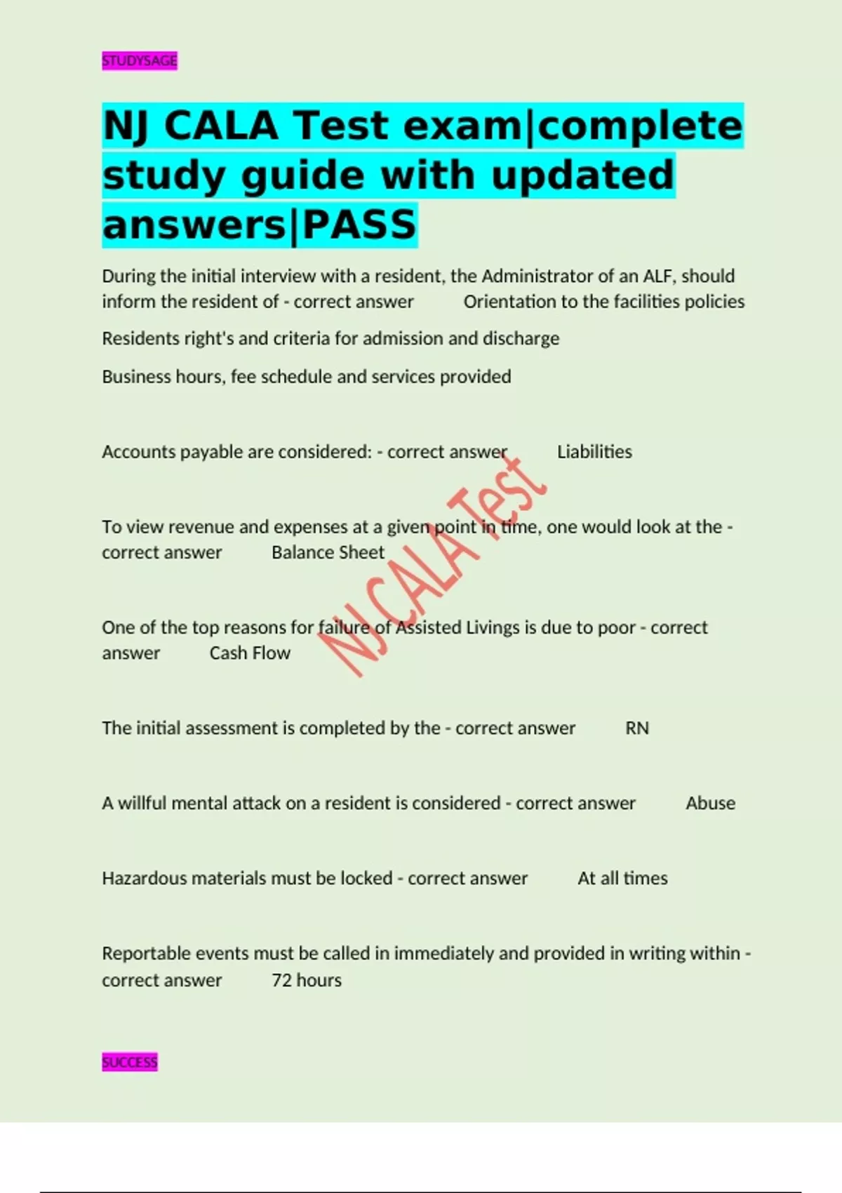 NJ CALA Test exam|complete study guide with updated answers|PASS - NJ ...