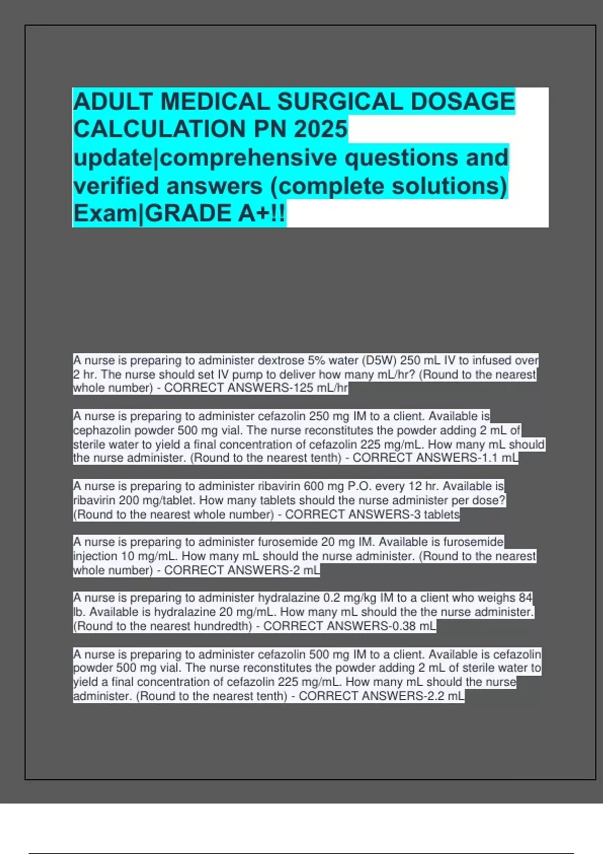 ADULT MEDICAL SURGICAL DOSAGE CALCULATION PN 2025 update|comprehensive ...