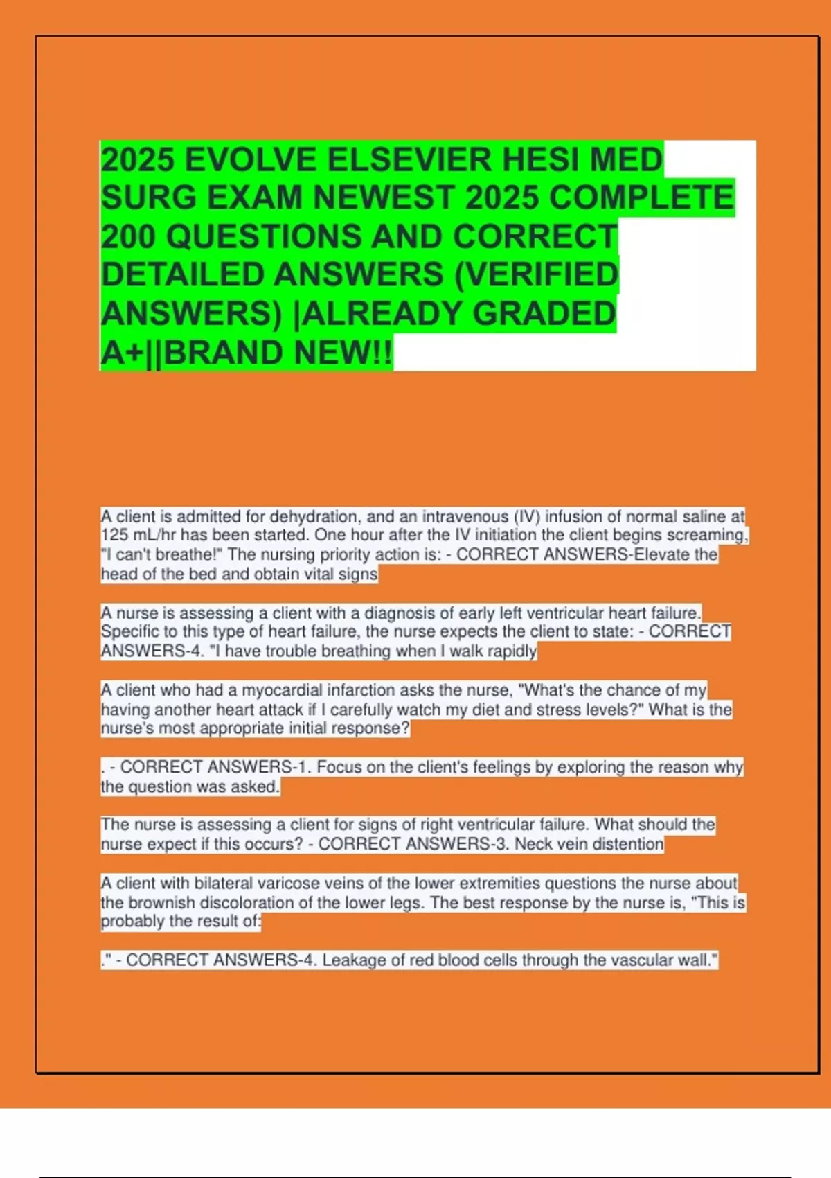 2025 EVOLVE ELSEVIER HESI MED SURG EXAM NEWEST 2025 COMPLETE 200 ...