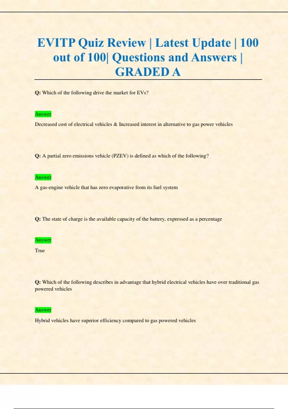 EVITP Quiz Review | Latest Update | 100 out of 100| Questions and ...