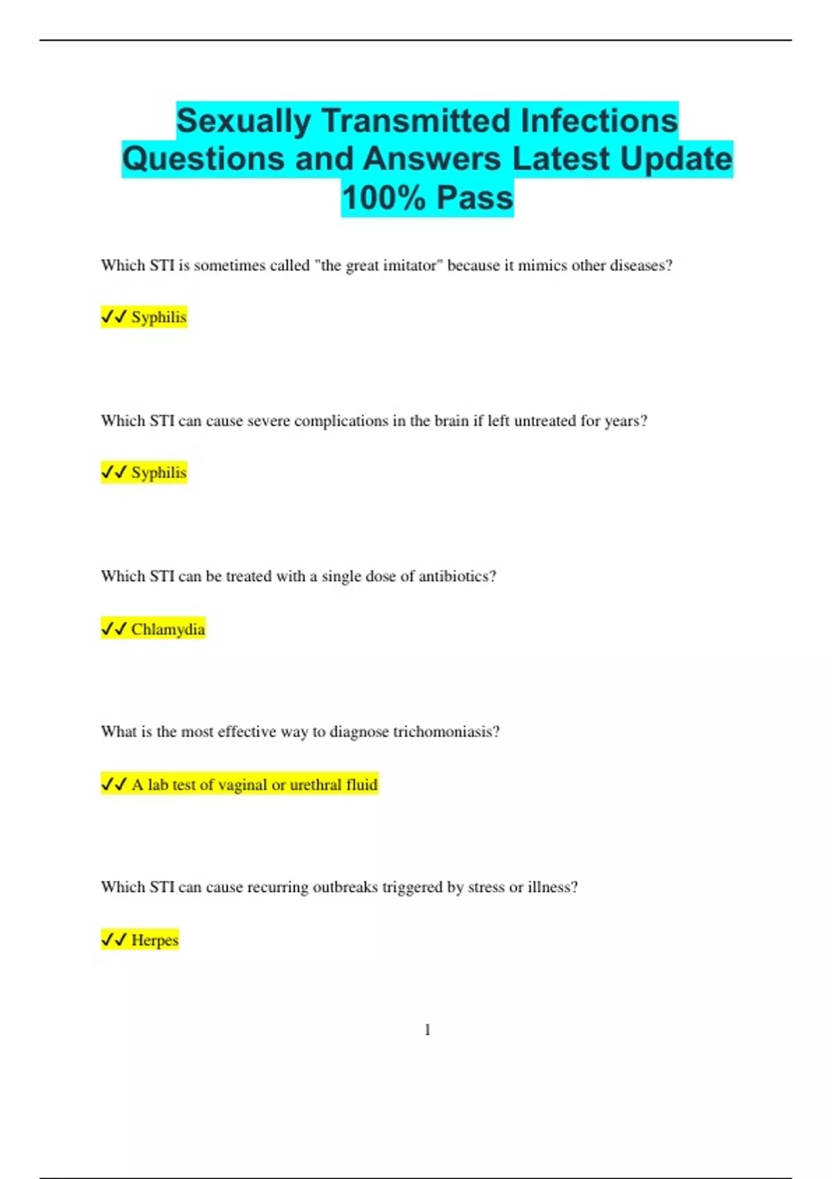 Sexually Transmitted Infections Questions and Answers Latest Update 100 ...