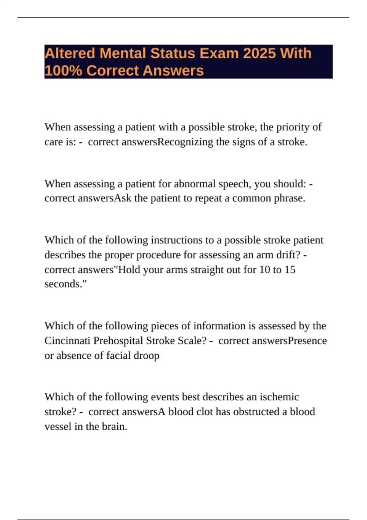 Altered Mental Status Exam 2025 With 100% Correct Answers - Altered Mental Status - Stuvia US