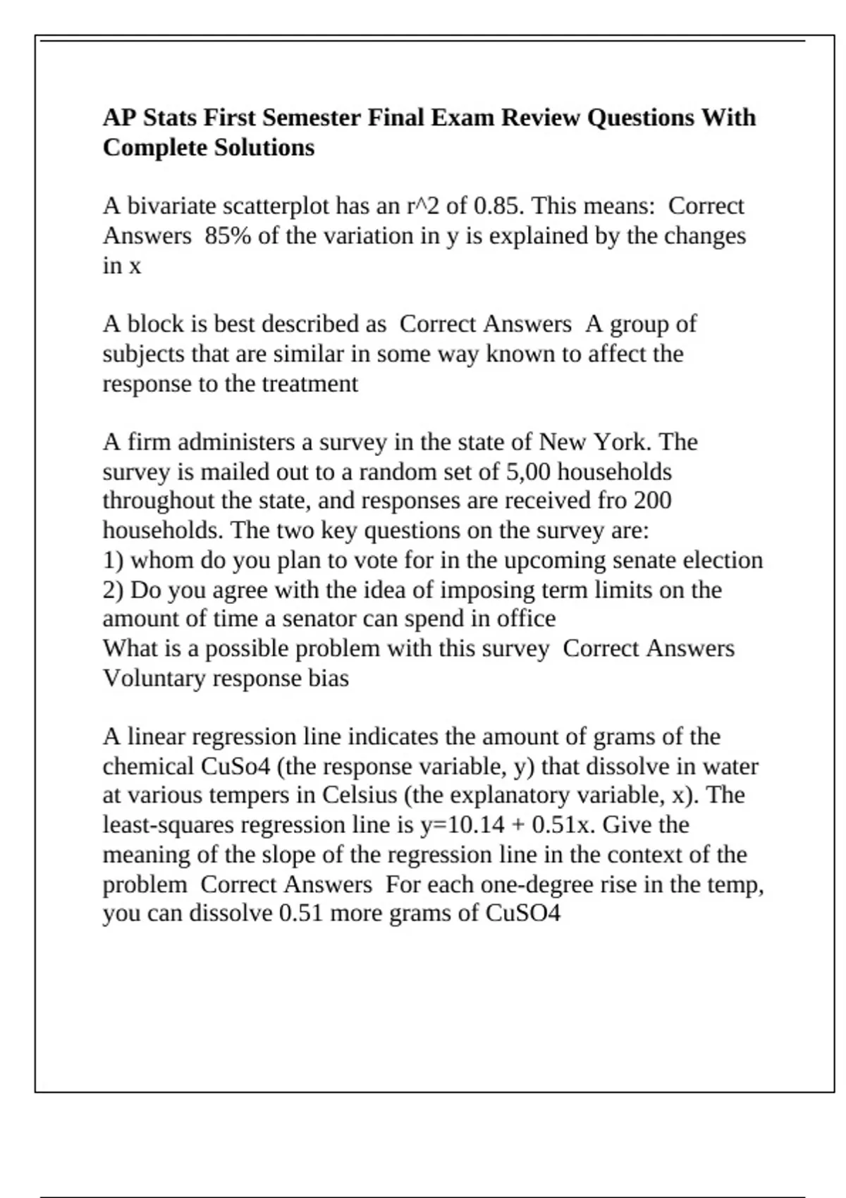 AP Stats First Semester Final Exam Review Questions With Complete ...