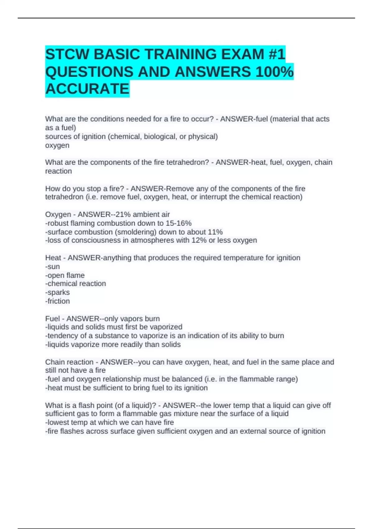 STCW BASIC TRAINING EXAM #1 QUESTIONS AND ANSWERS 100% ACCURATE - STCW BASIC TRAINING - Stuvia US