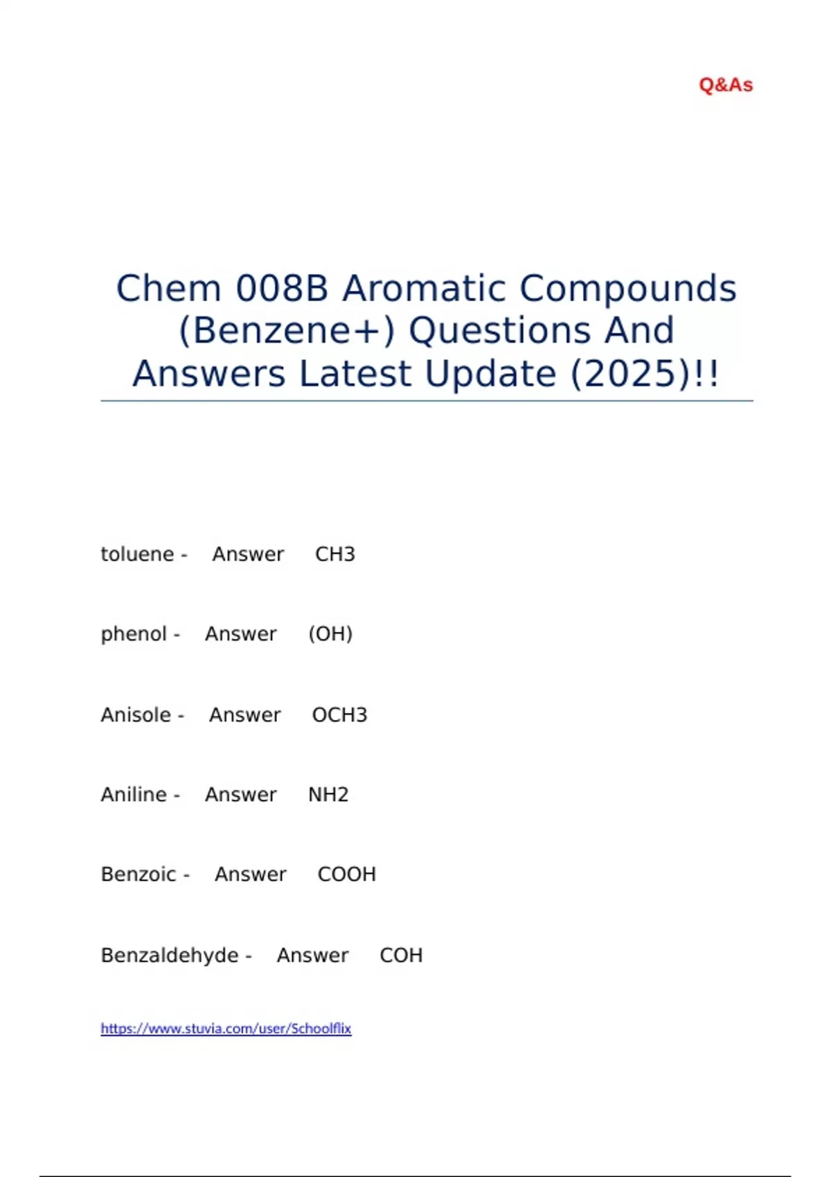 Chem 008B Aromatic Compounds (Benzene+) Questions And Answers Latest ...