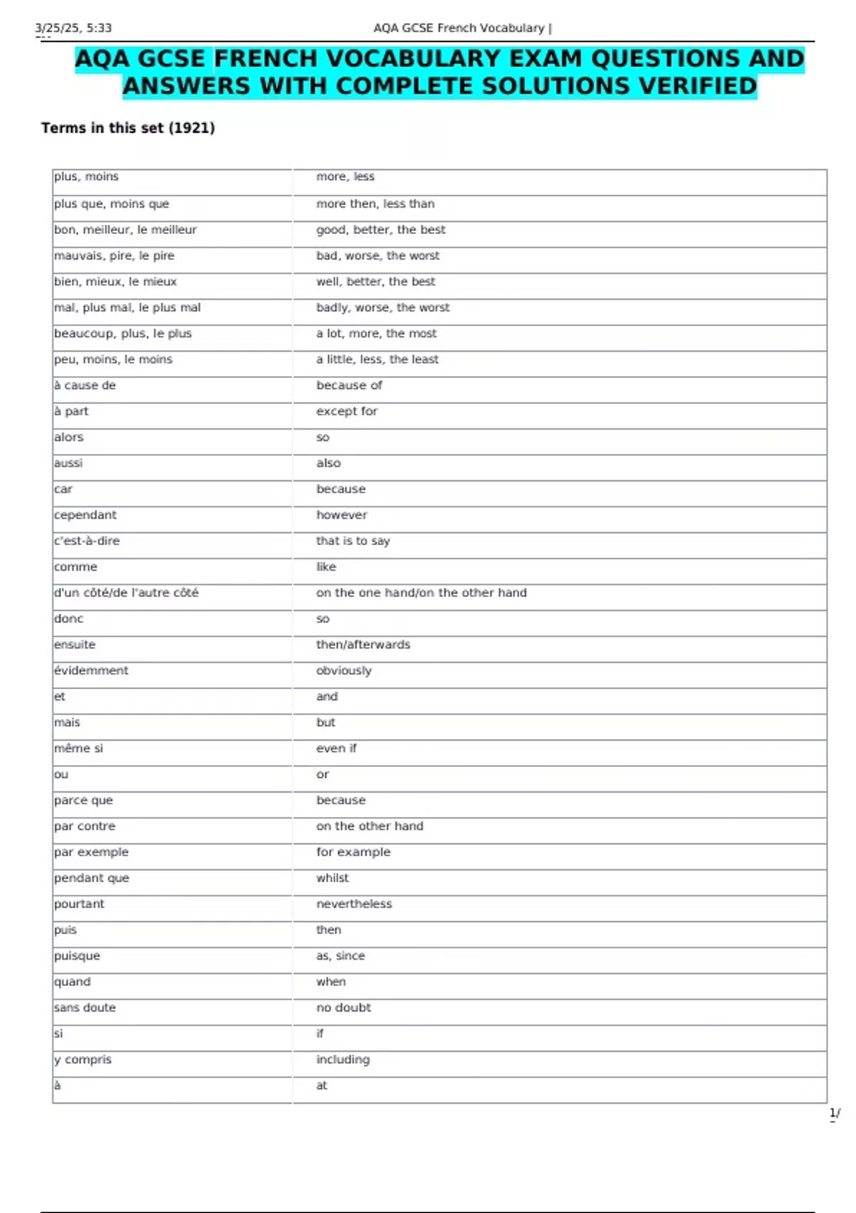 AQA GCSE FRENCH VOCABULARY EXAM QUESTIONS AND ANSWERS WITH COMPLETE ...