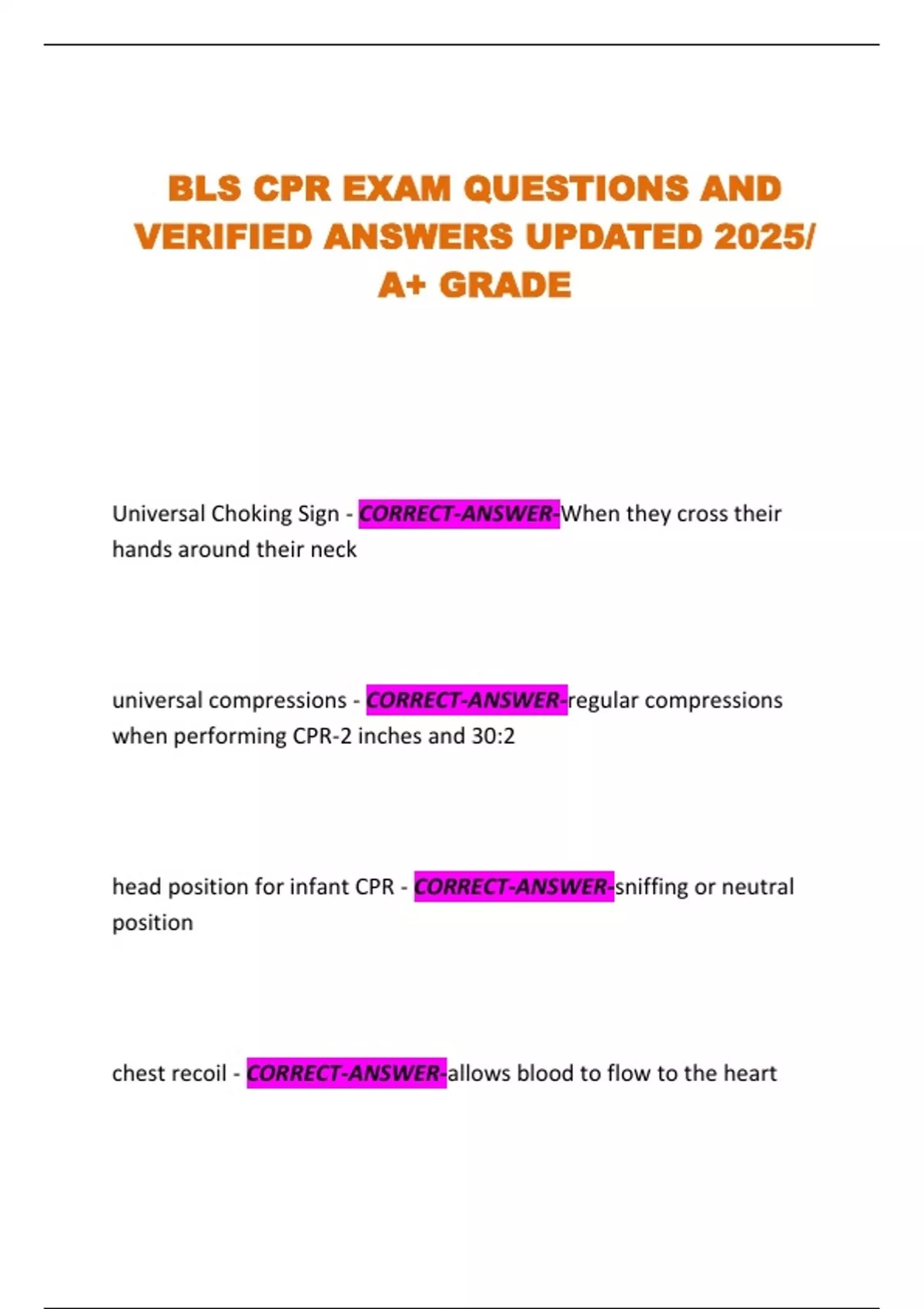 BLS CPR EXAM QUESTIONS AND VERIFIED ANSWERS UPDATED 2025/ A+ GRADE ...