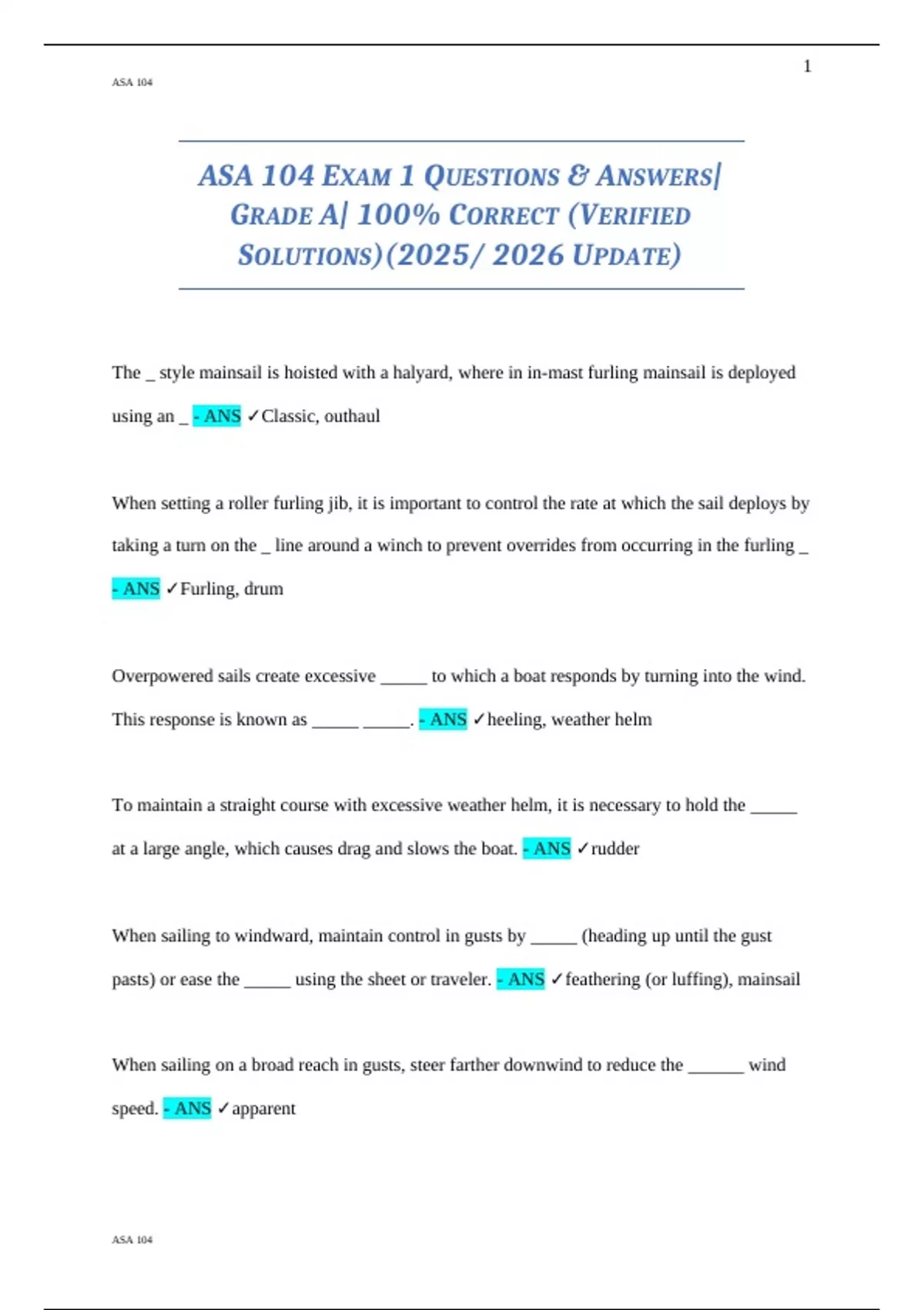 ASA 104 EXAM 1 QUESTIONS & ANSWERS| GRADE A| 100% CORRECT (VERIFIED ...