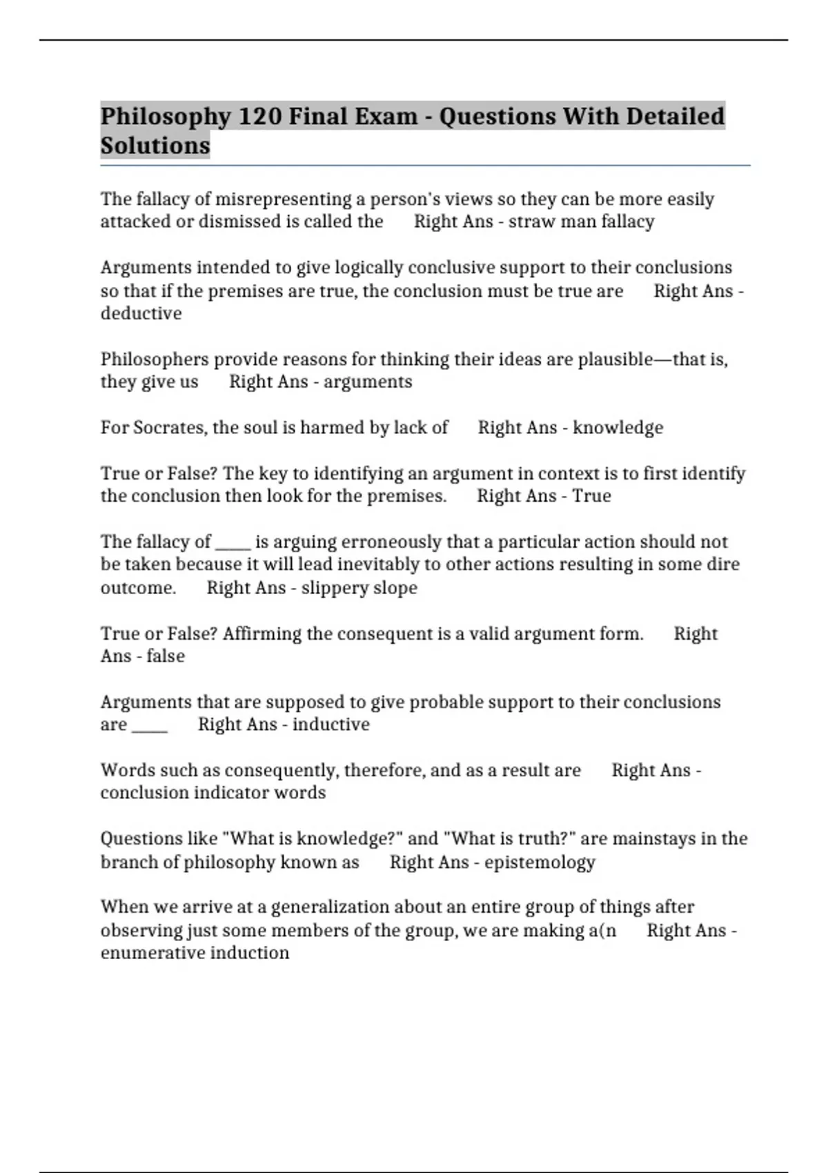 Philosophy 120 Final Exam - Questions With Detailed Solutions ...