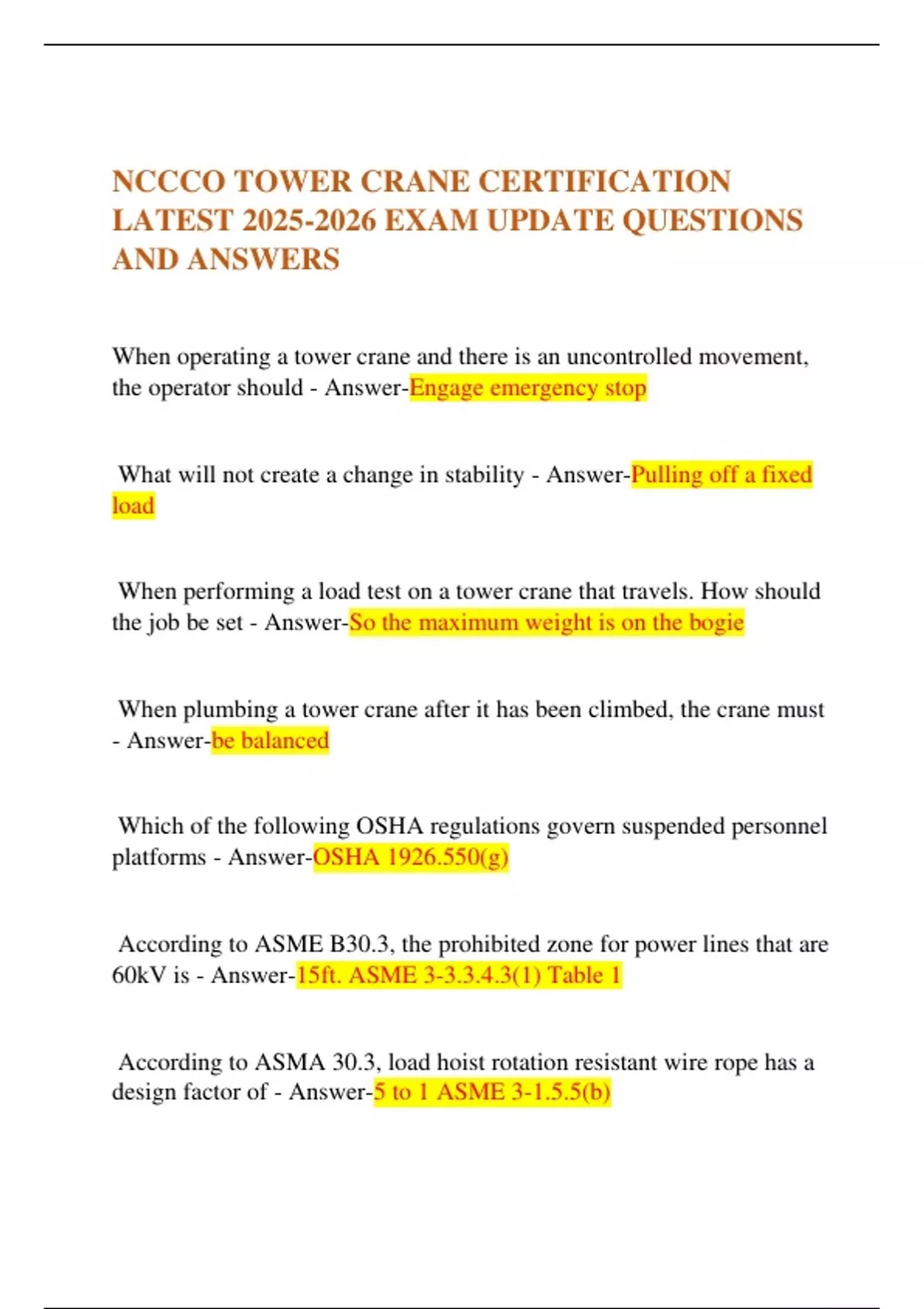 NCCCO TOWER CRANE CERTIFICATION LATEST EXAM UPDATE QUESTIONS AND ...
