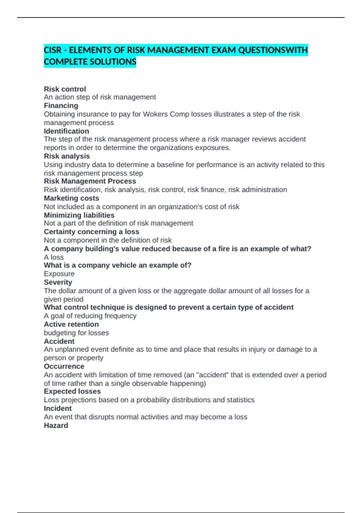 CISR - ELEMENTS OF RISK MANAGEMENT EXAM QUESTIONSWITH COMPLETE ...
