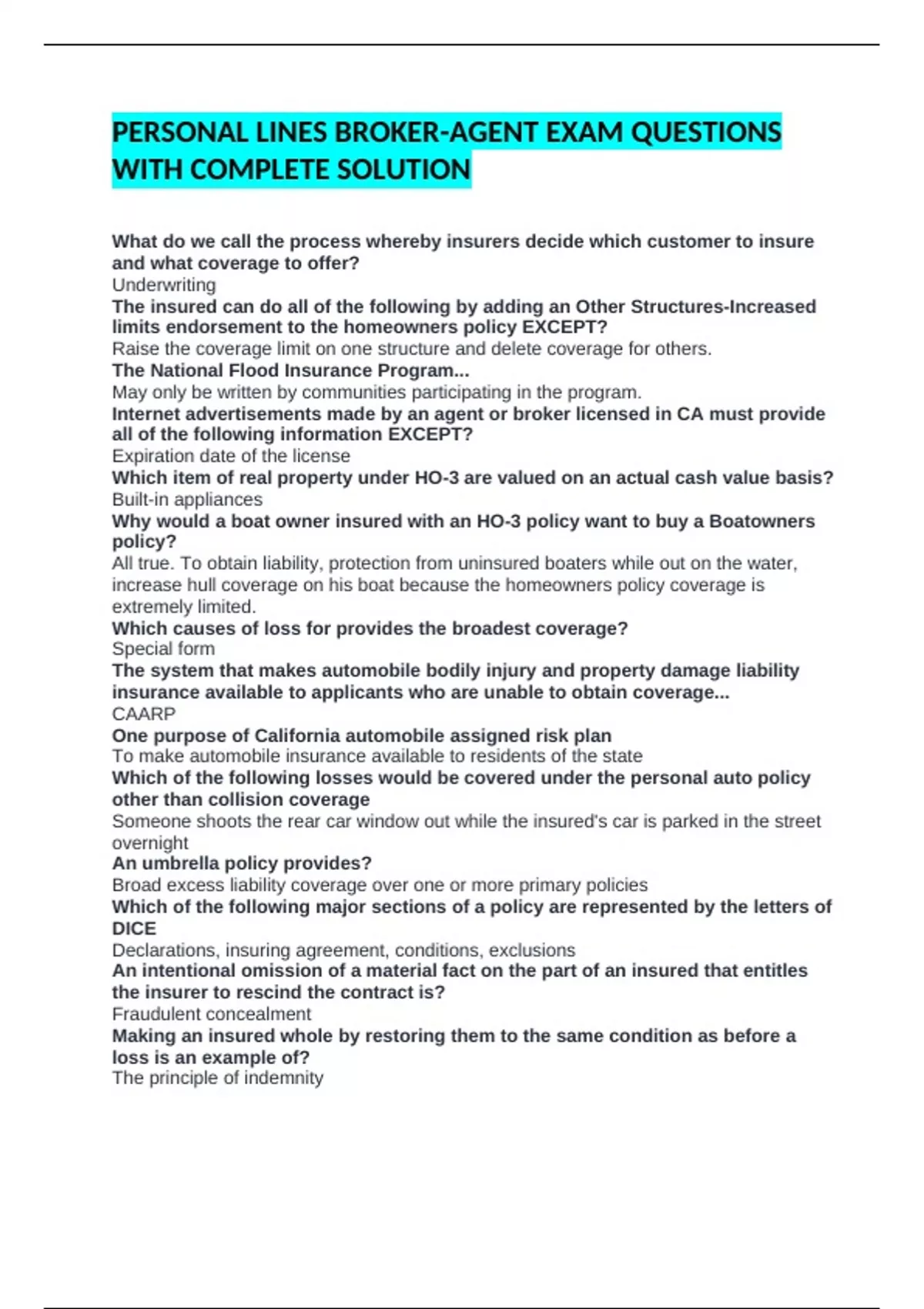 PERSONAL LINES BROKER-AGENT EXAM QUESTIONS WITH COMPLETE SOLUTION ...
