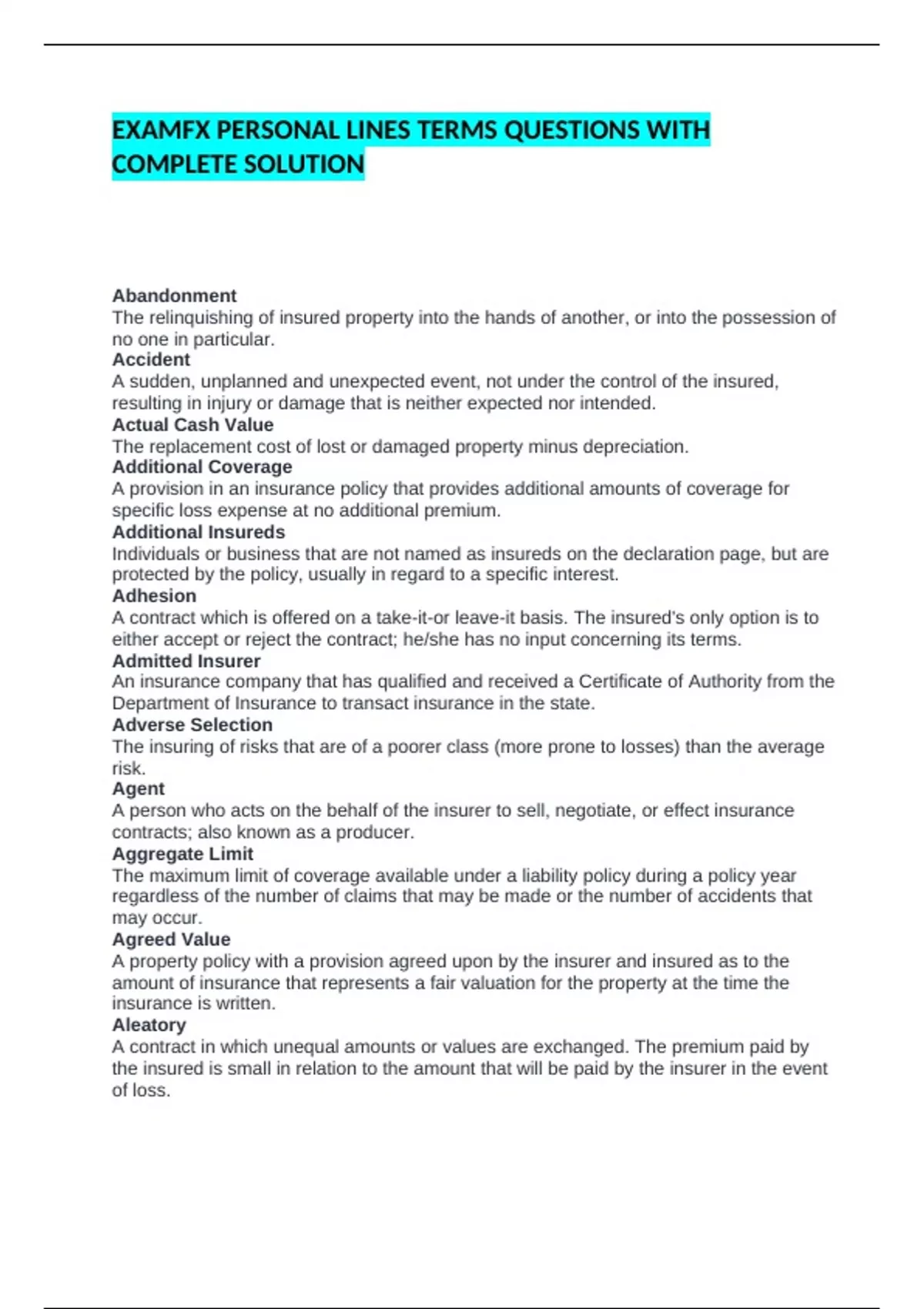 EXAMFX PERSONAL LINES TERMS QUESTIONS WITH COMPLETE SOLUTION - PERSONAL ...