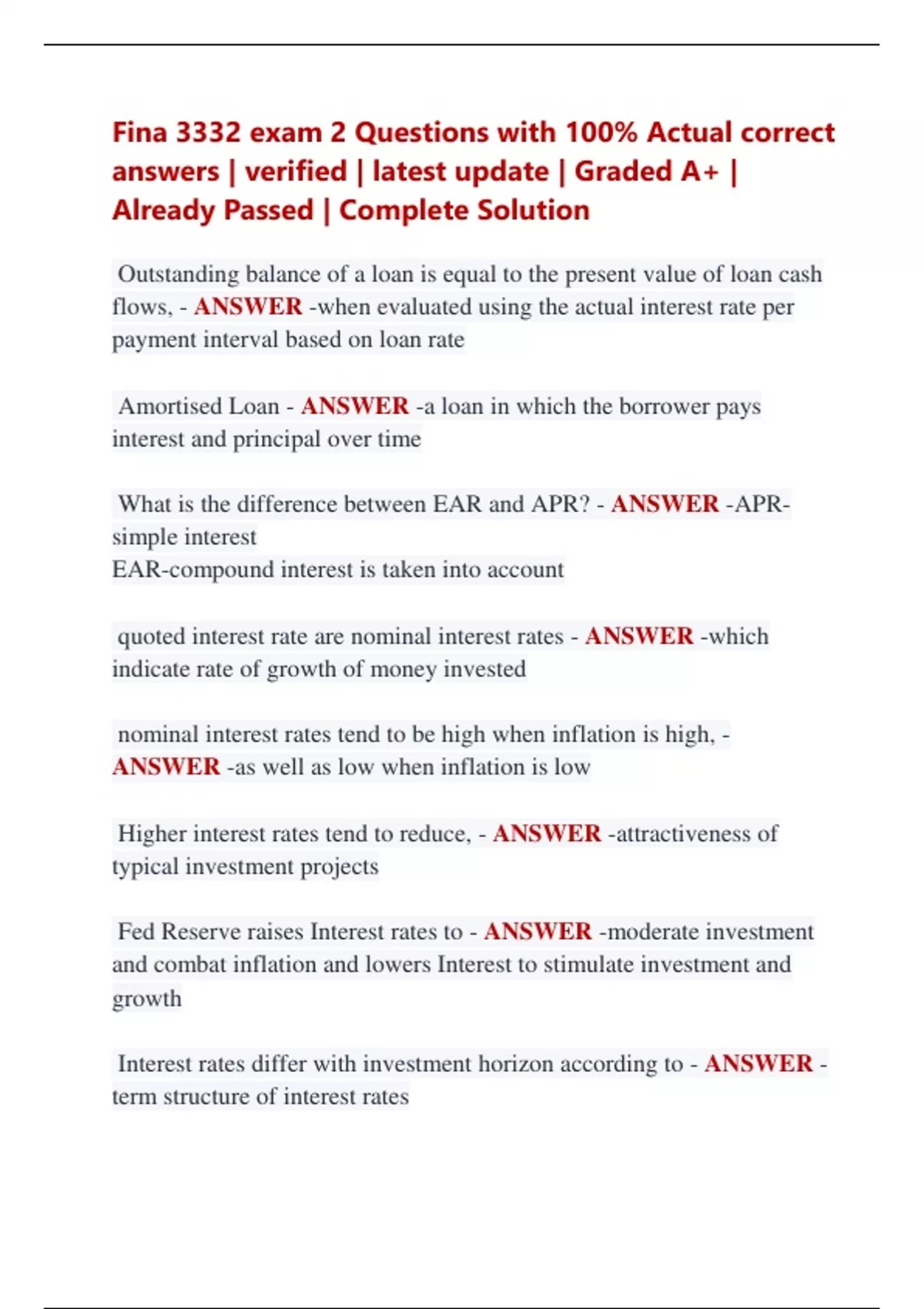 Fina 3332 exam 2 Questions with 100% Actual correct answers | verified ...