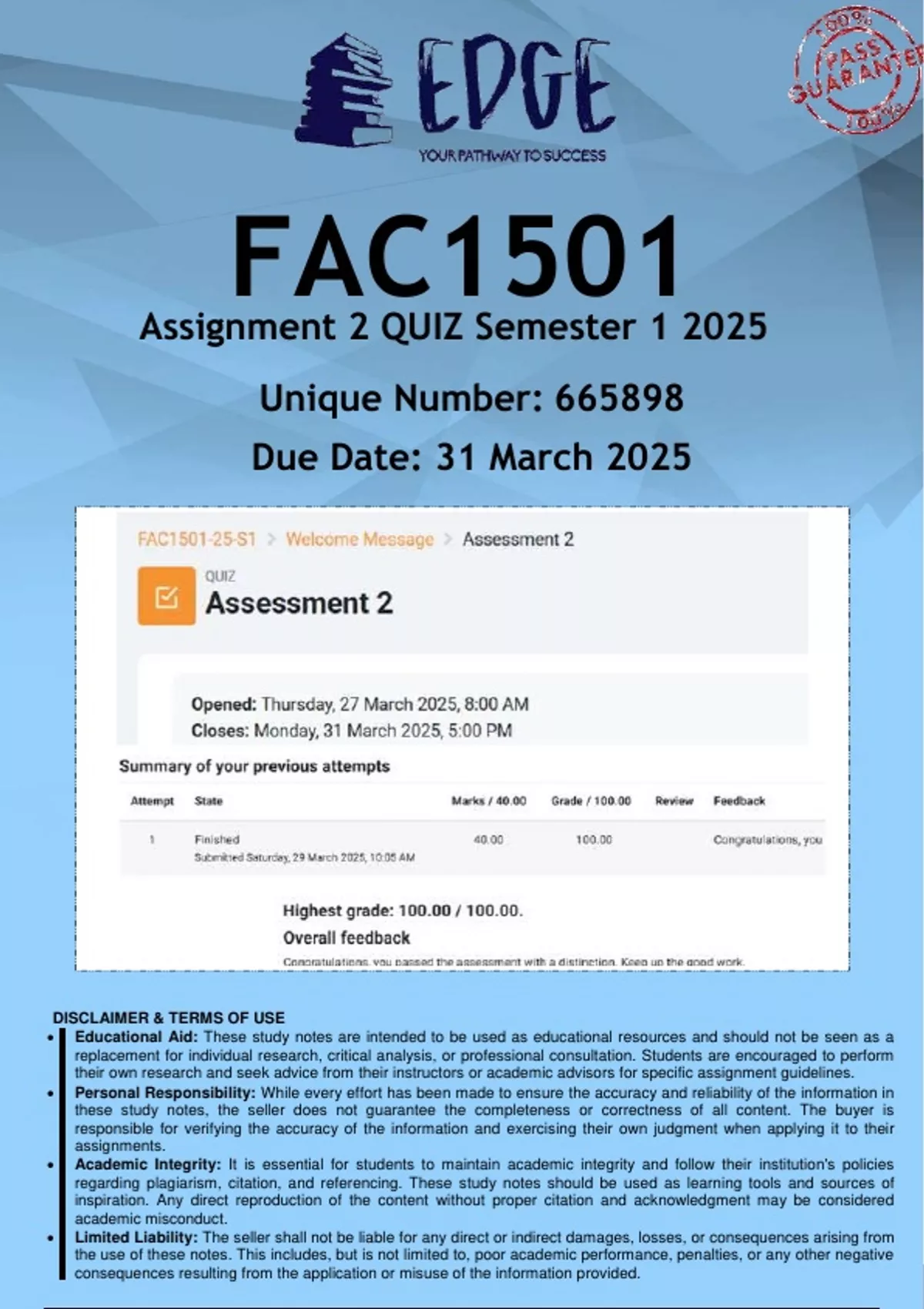 FAC1501 Assignment 2 (ANSWERS) Semester 1 2025 - DISTINCTION GUARANTEED ...