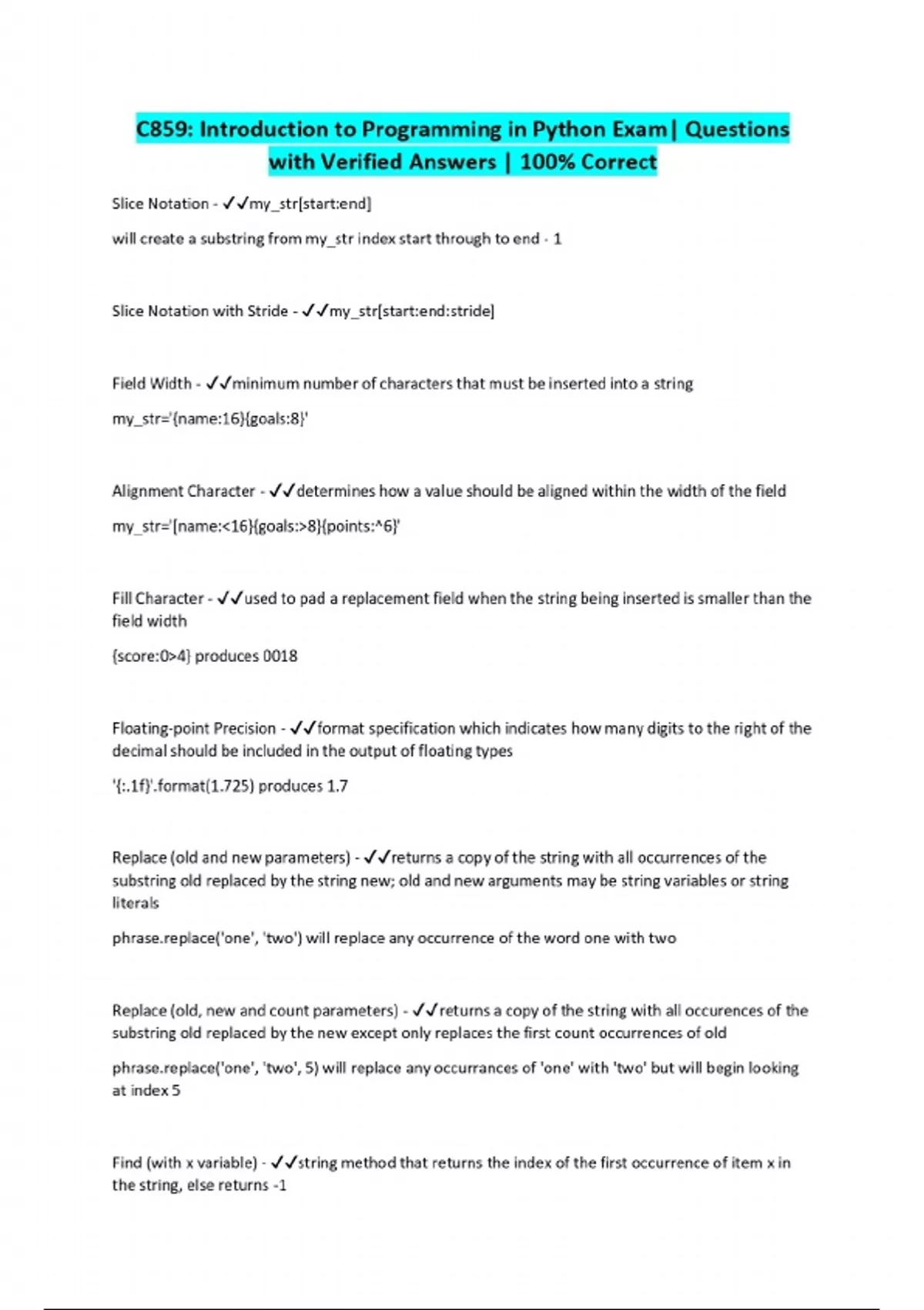 C859 Introduction To Programming In Python Exam Questions With Verified Answers 100 Correct