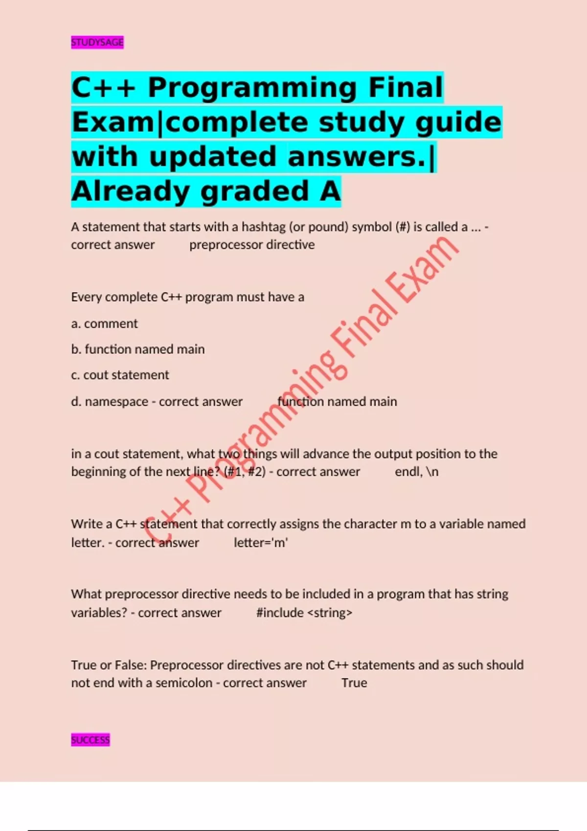 C++ Programming Final Exam|complete study guide with updated answers ...