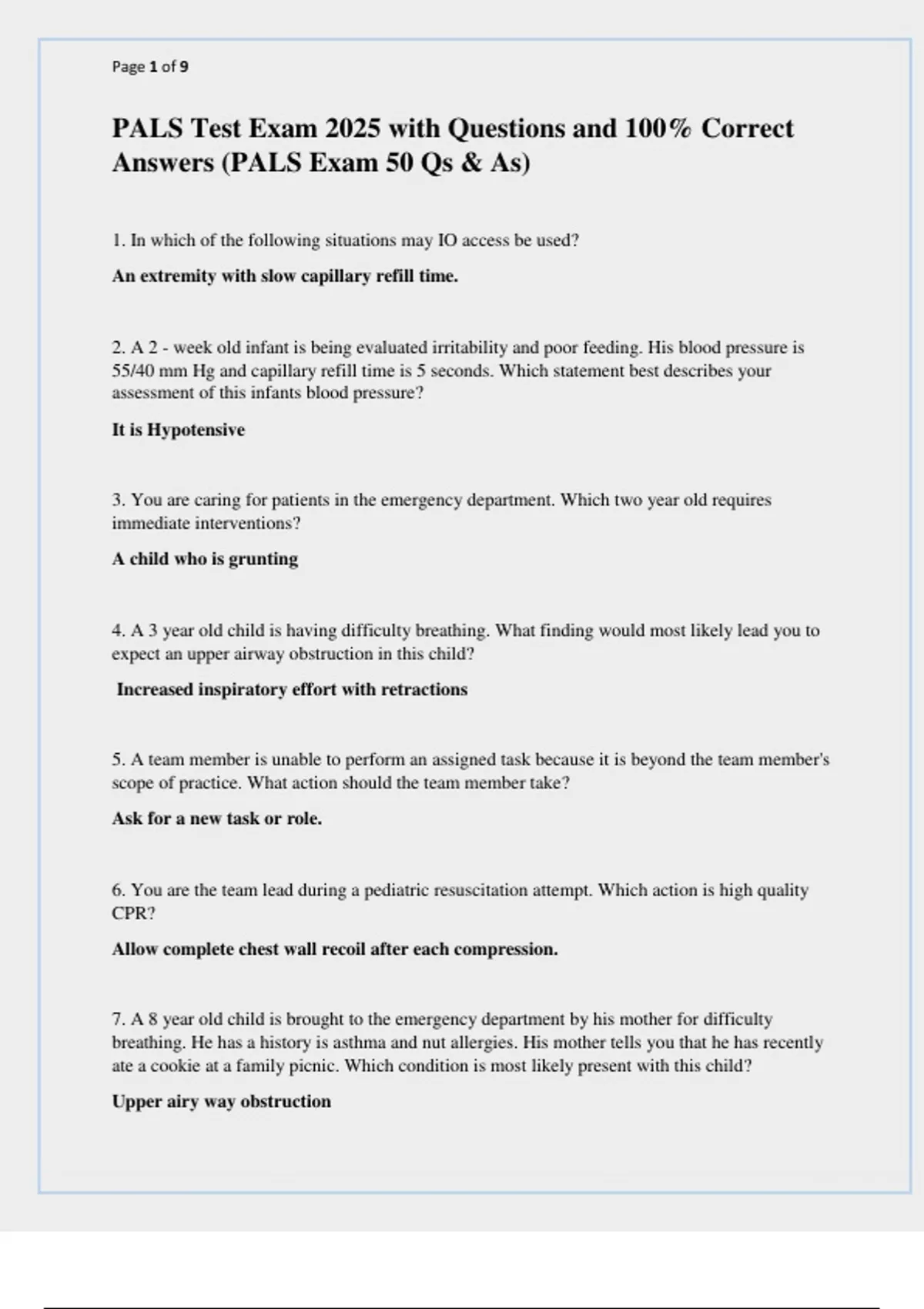 PALS Test Exam 2025 with Questions and 100% Correct Answers (PALS Exam ...