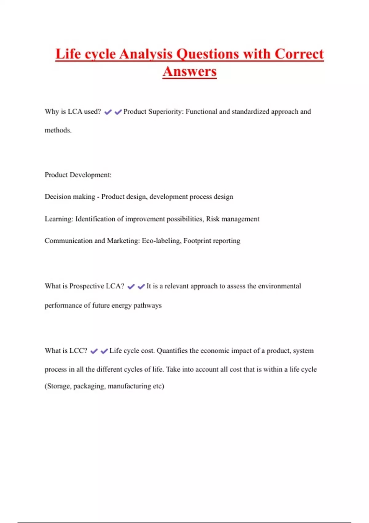 Life cycle Analysis Questions with Correct Answers - LCA.... - Stuvia US